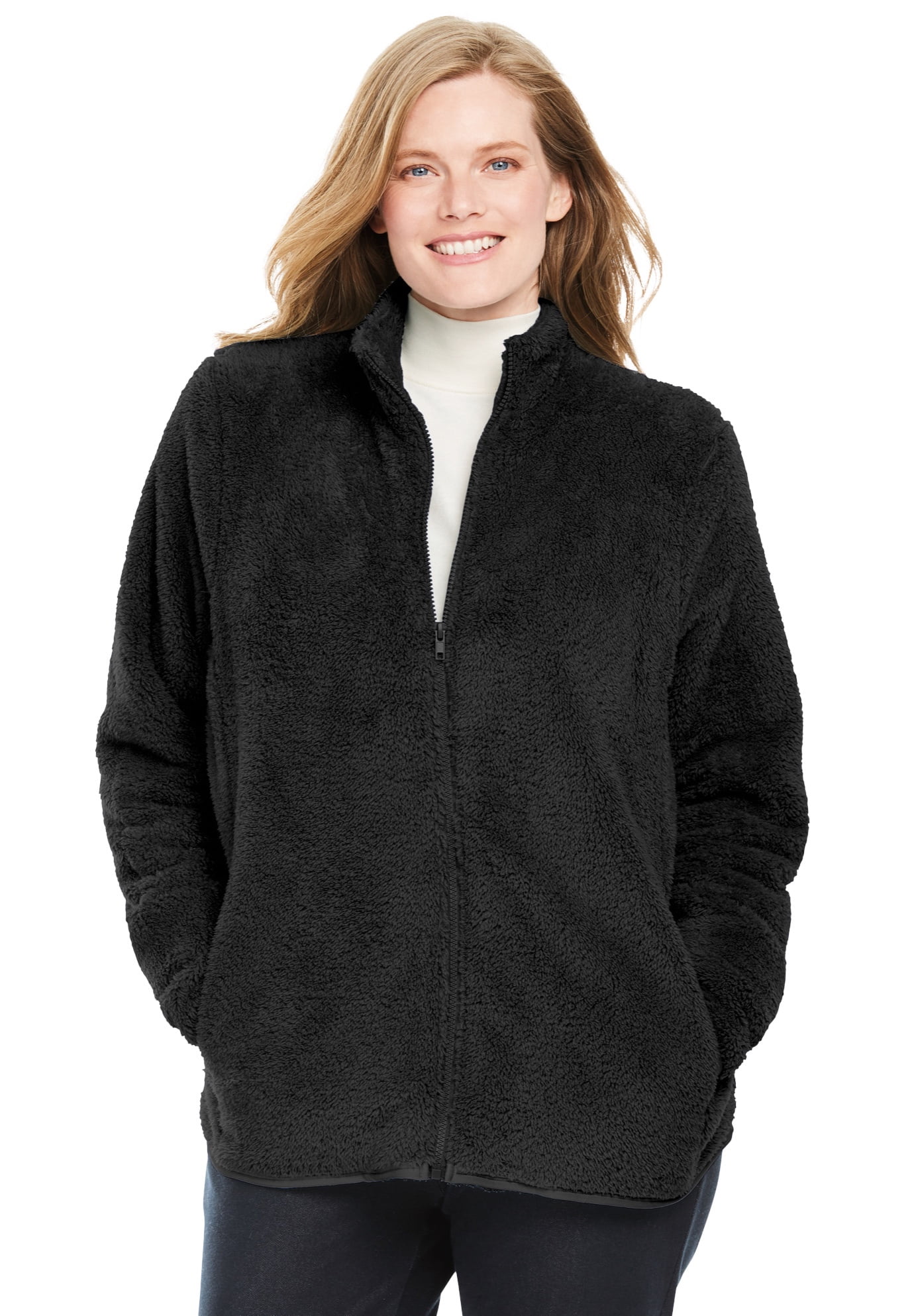 Woman Within Plus Size Lightweight Fluffy Fleece Zip-Up Jacket For ...
