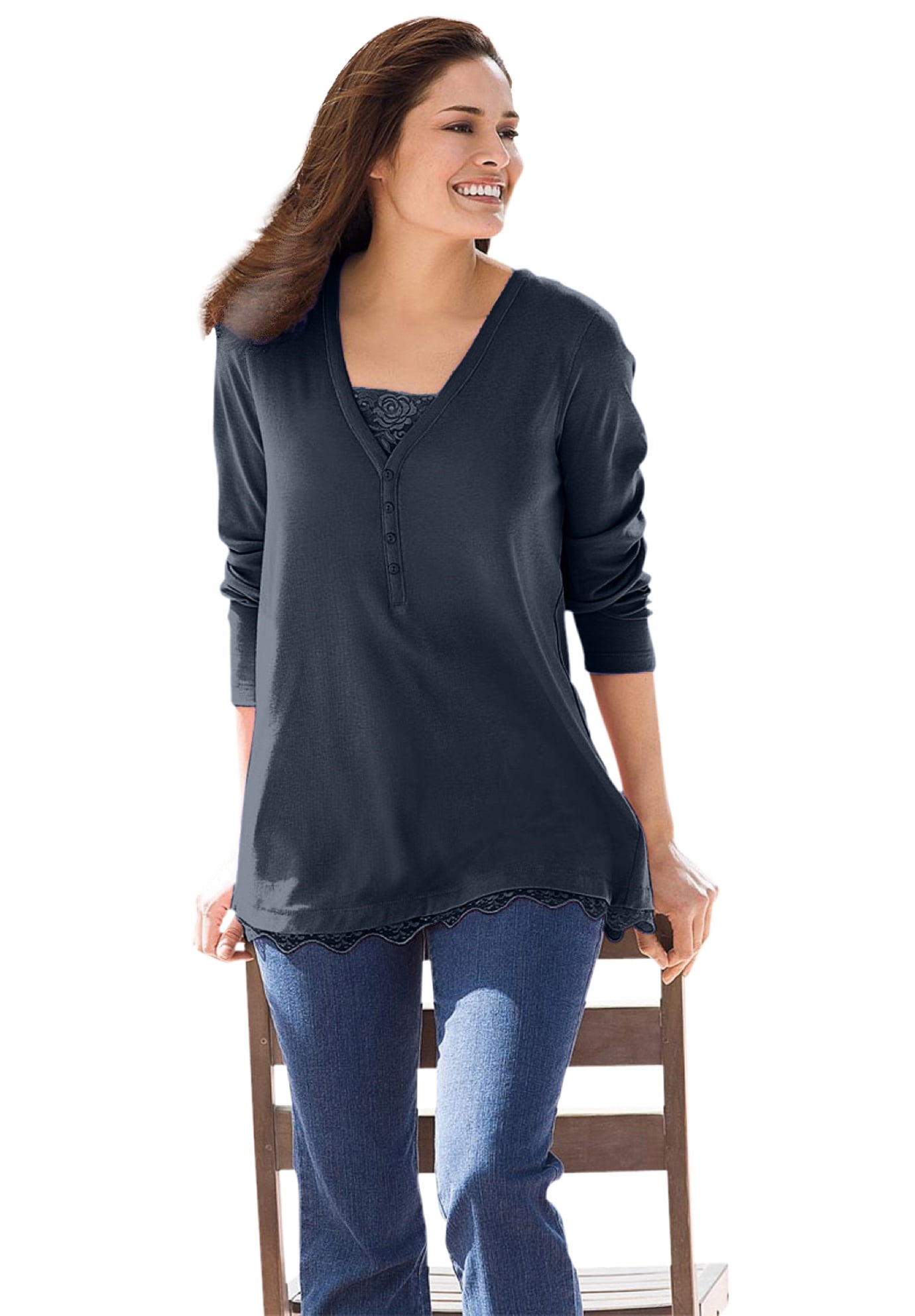 Woman Within Plus Size Layered-Look Lace Trim Tee - Walmart.com