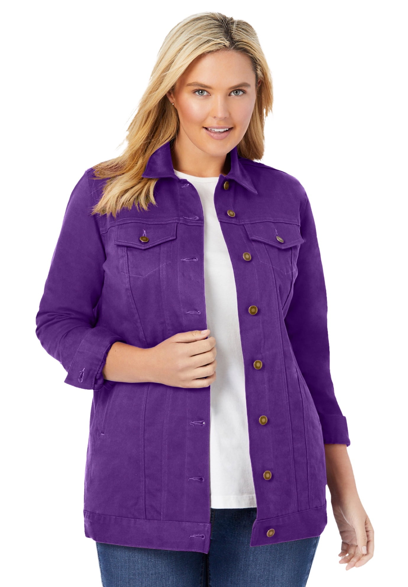 Woman Within Plus Size Long Stretch Denim Jacket Oversized Jean Jacket ...