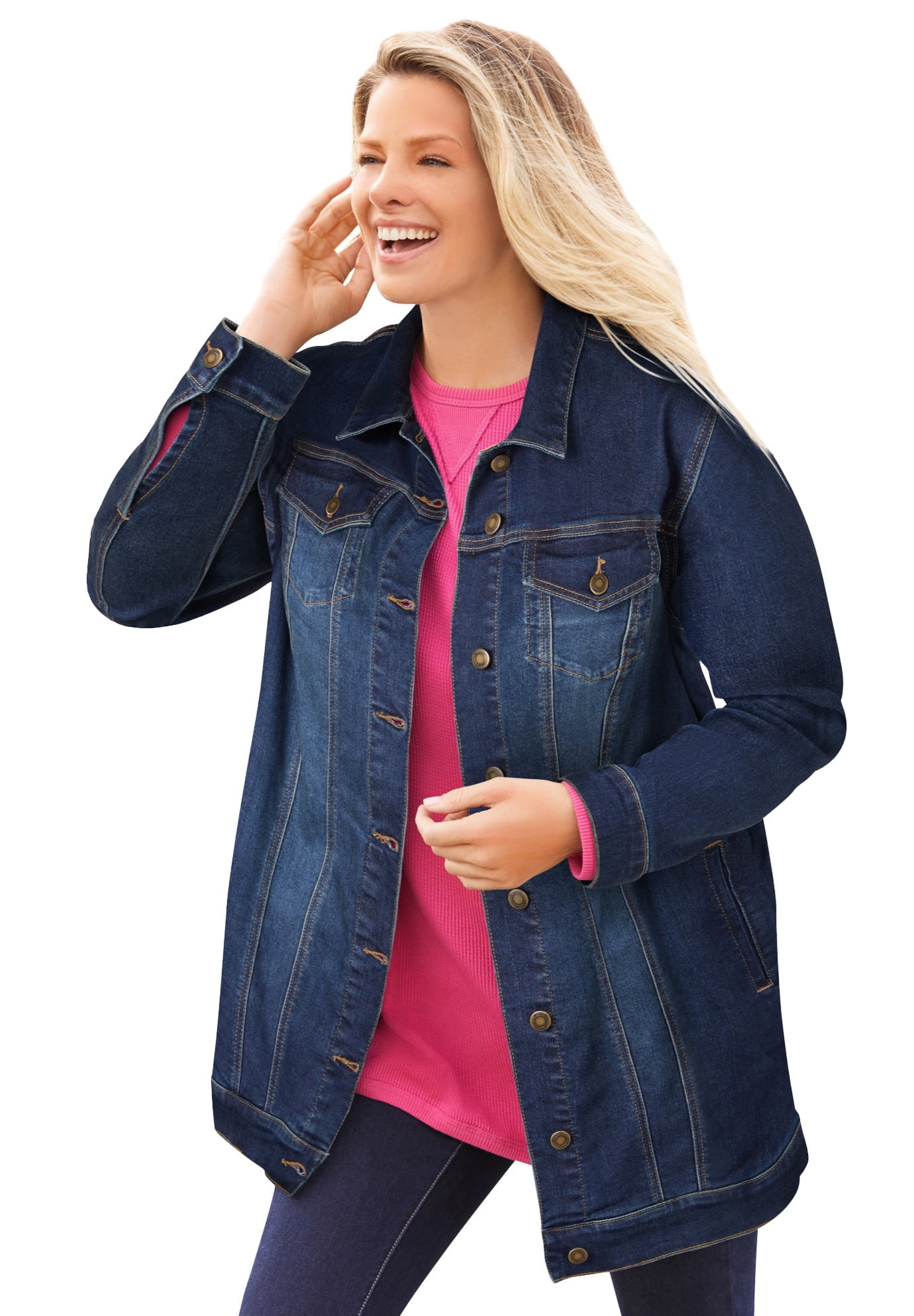 Woman Within Plus Size Long Stretch Denim Jacket, A-line Mid-Thigh ...