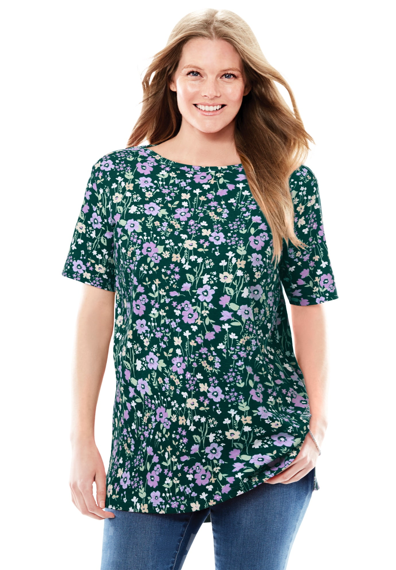 Woman Within Plus Size Perfect Printed Short-Sleeve Boatneck Tunic ...