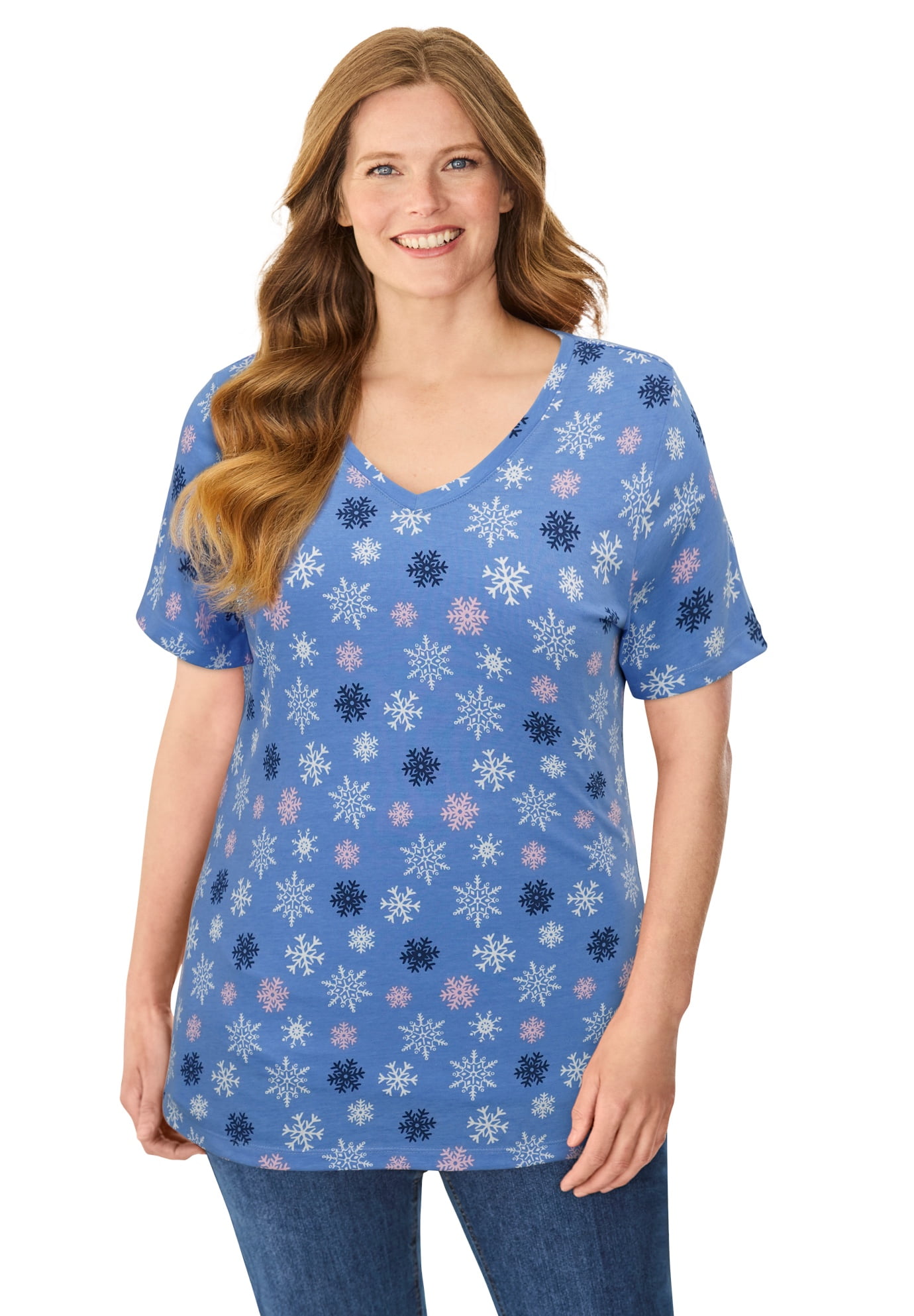 Woman Within Plus Size Perfect Printed Short-Sleeve V-Neck Tee ...