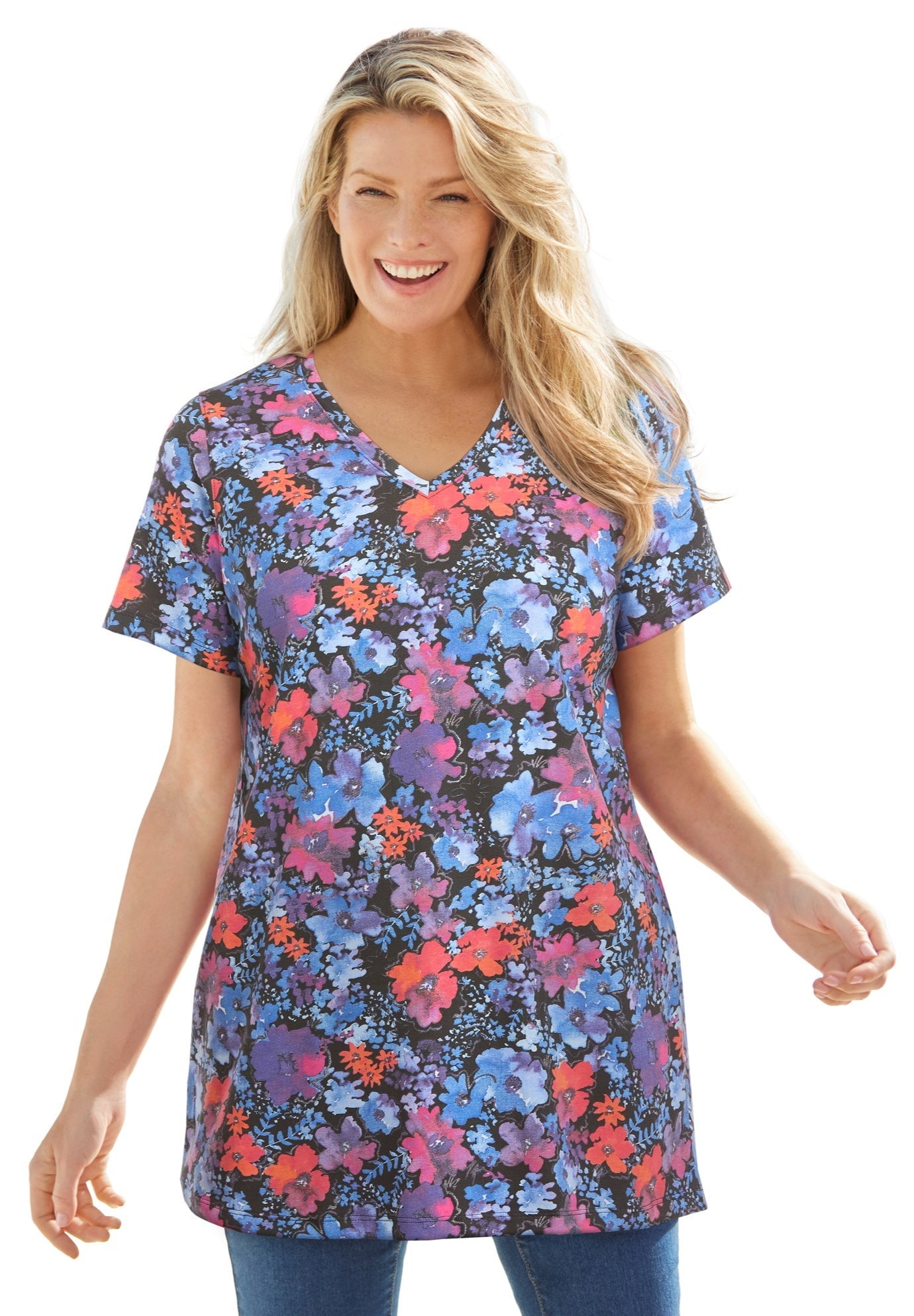 Woman Within Plus Size Perfect Printed Short-Sleeve V-Neck Tunic ...
