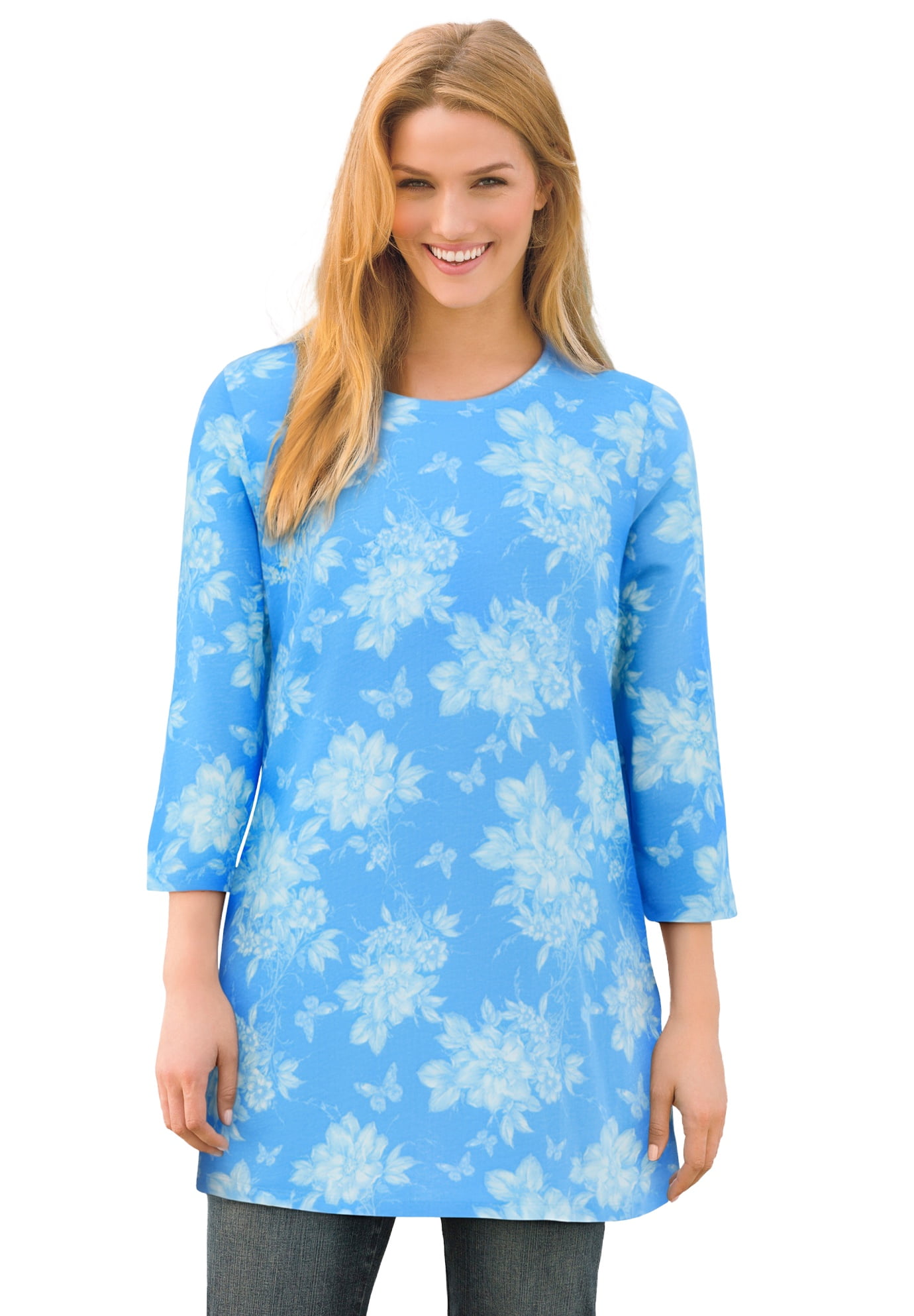 Woman Within Plus Size Perfect Printed Three-Quarter-Sleeve Scoopneck ...