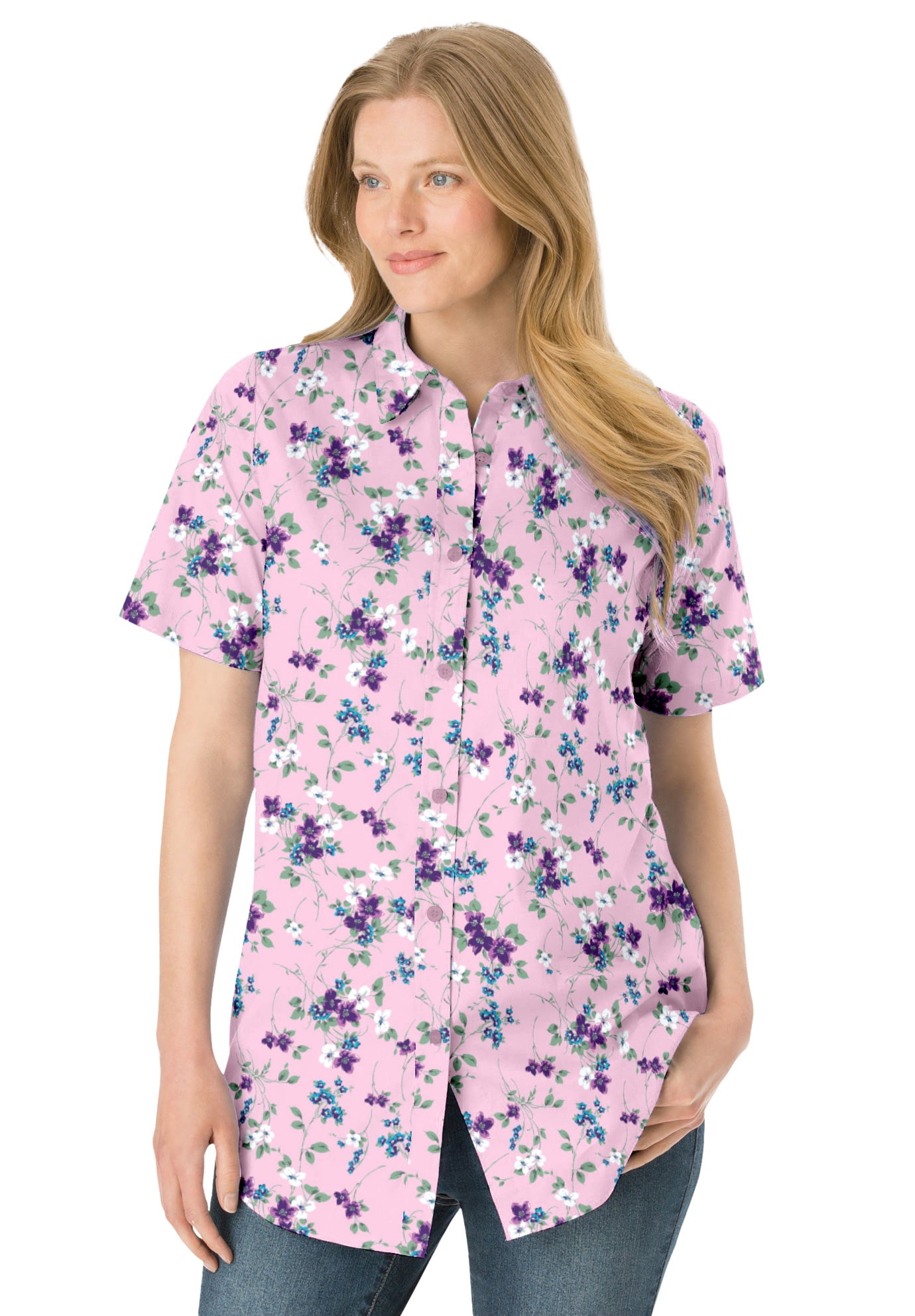 Woman Within Plus Size Perfect Short Sleeve Button-Down Shirt Oversized ...