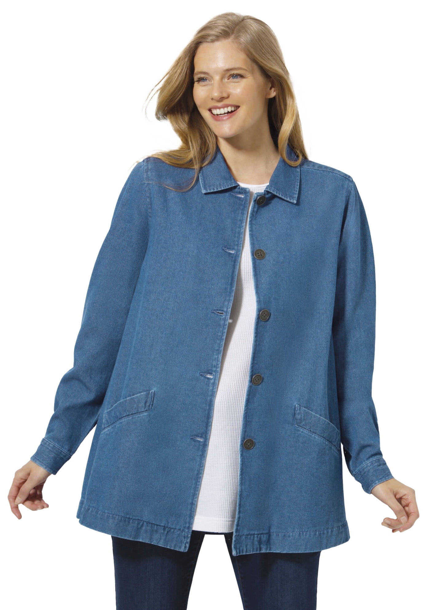 Woman Within Plus Size Pleat-Back Denim Jacket Long Oversized Jean Coat ...