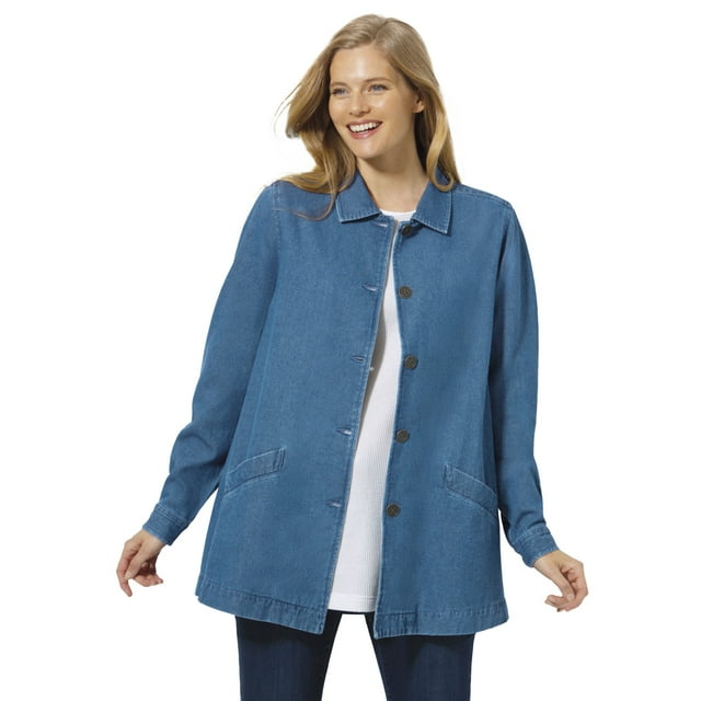 Woman Within Plus Size Pleat-Back Denim Jacket Long Oversized Jean Coat ...