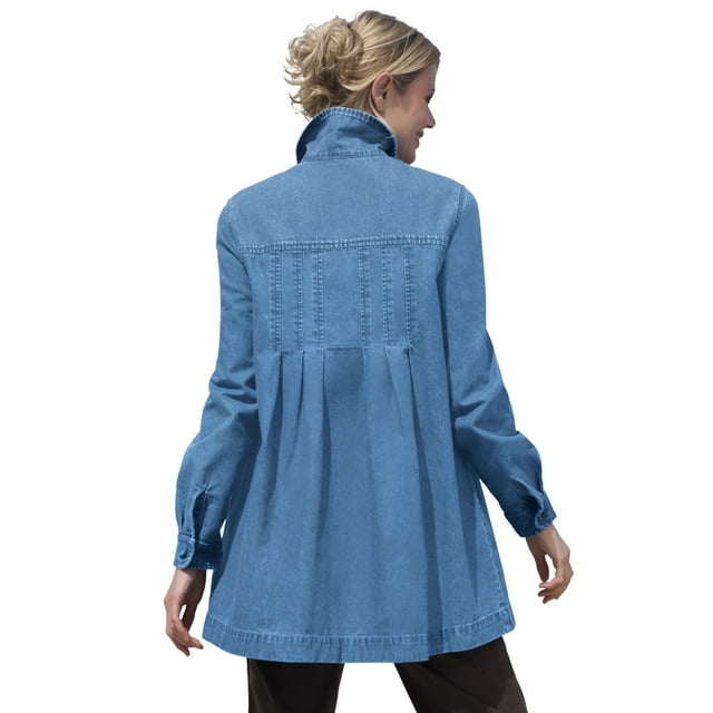 Woman Within Plus Size Pleat-Back Denim Jacket Long Oversized Jean Coat ...