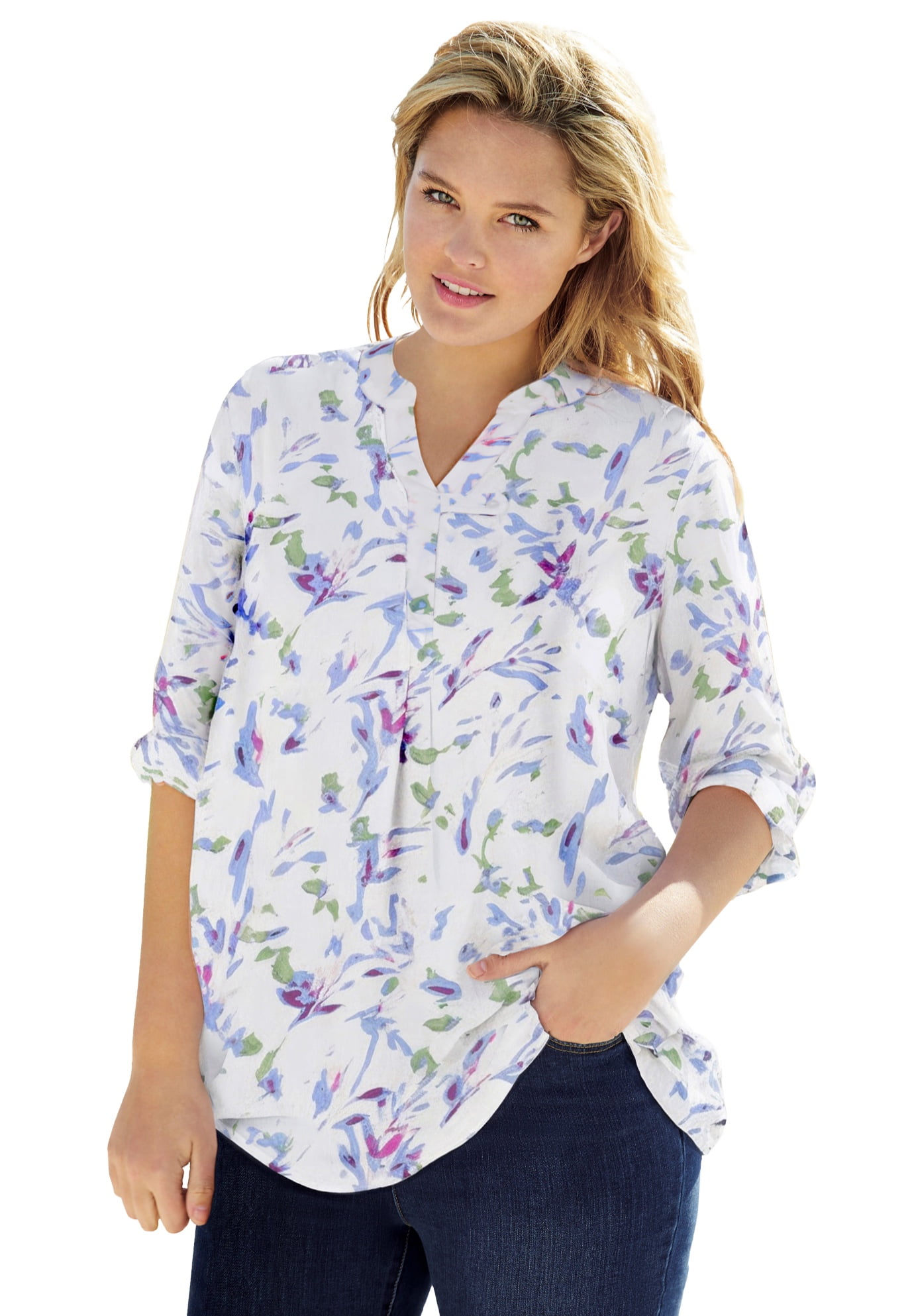 Woman Within Plus Size Rayon Three-Quarter Sleeve Effortless Tab-Front ...