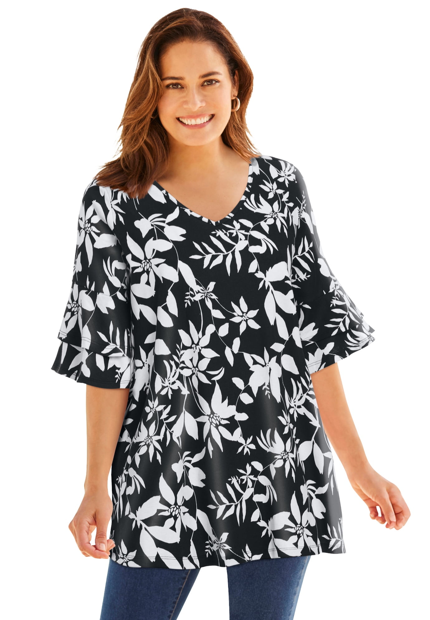 Woman Within Plus Size Ruffled Elbow-Sleeve Tunic - Walmart.com