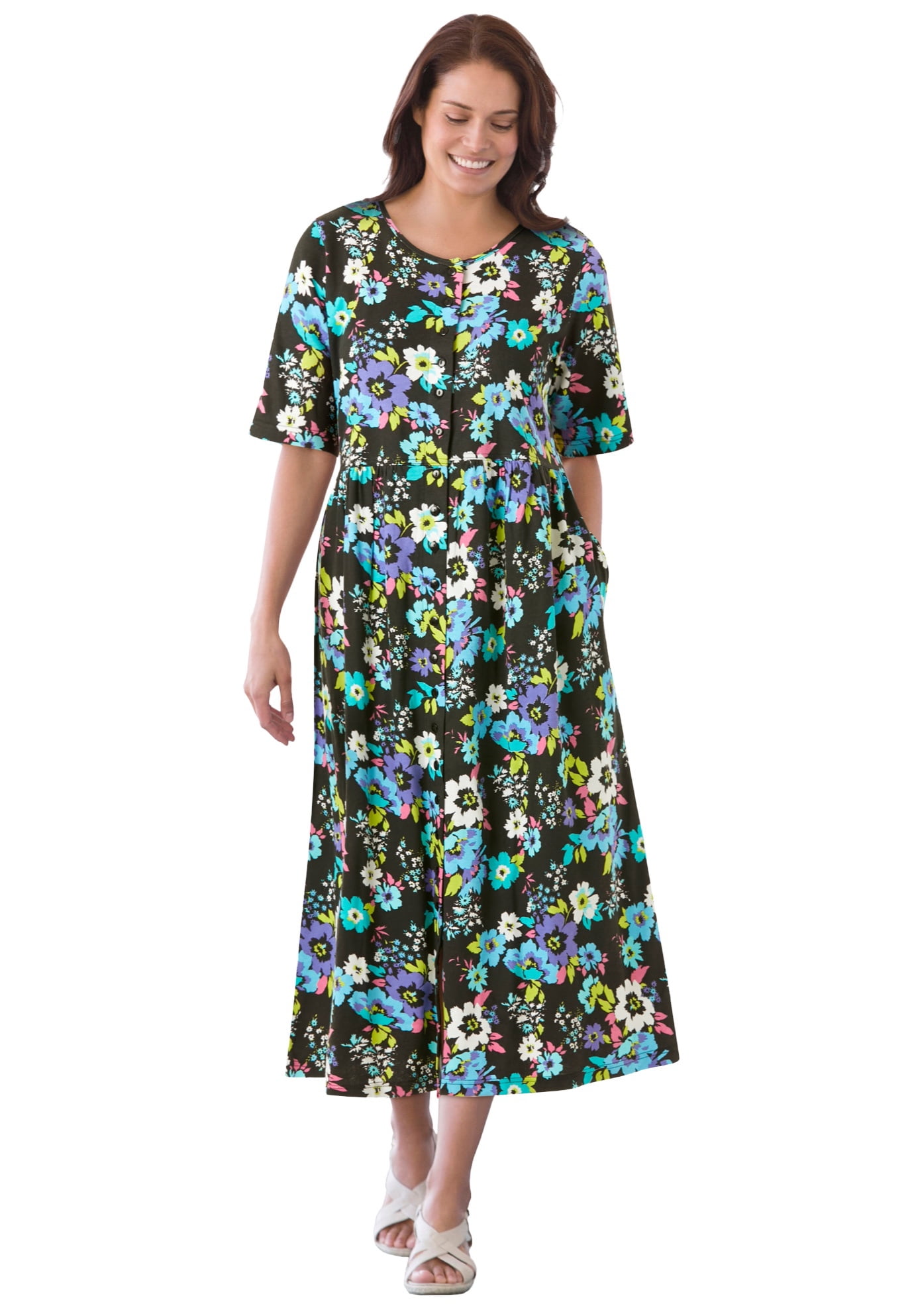 Woman Within Plus Size Short-Sleeve Button-Front Pocket Dress (Petite ...