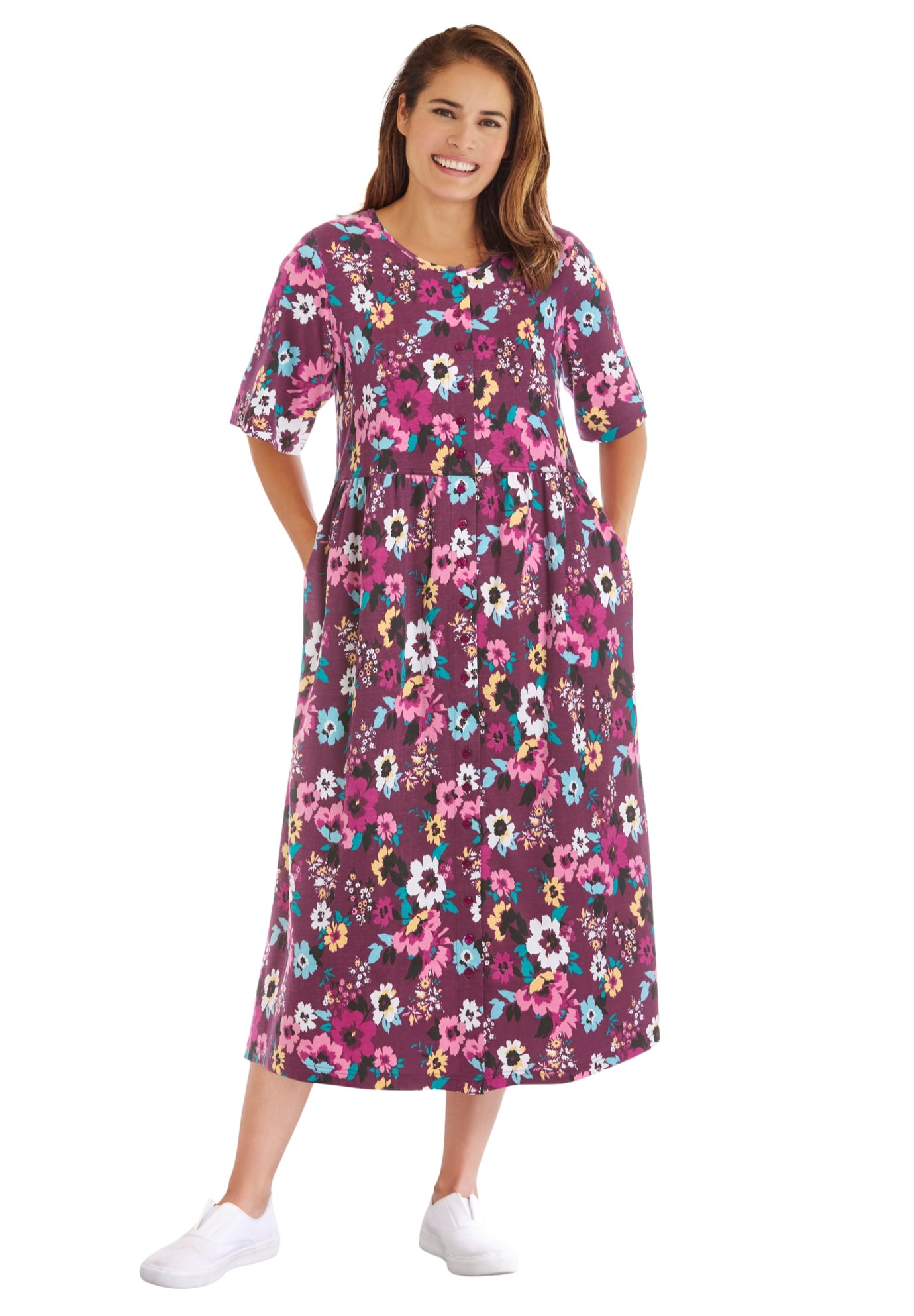 Woman Within Plus Size Short-Sleeve Button-Front Pocket Dress (Petite ...