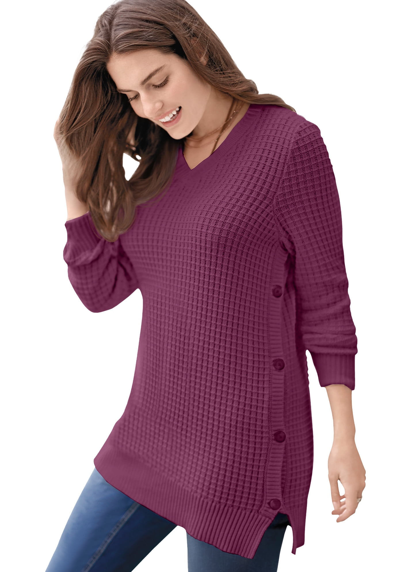 Woman Within Plus Size Side Button V-Neck Waffle Knit Sweater - Walmart.com