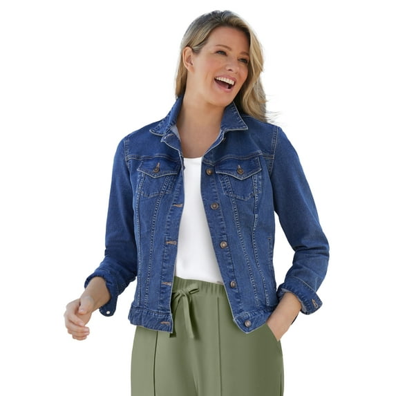 Woman Within Plus Size Stretch Denim Cropped Jean Jacket with Sleeves ...