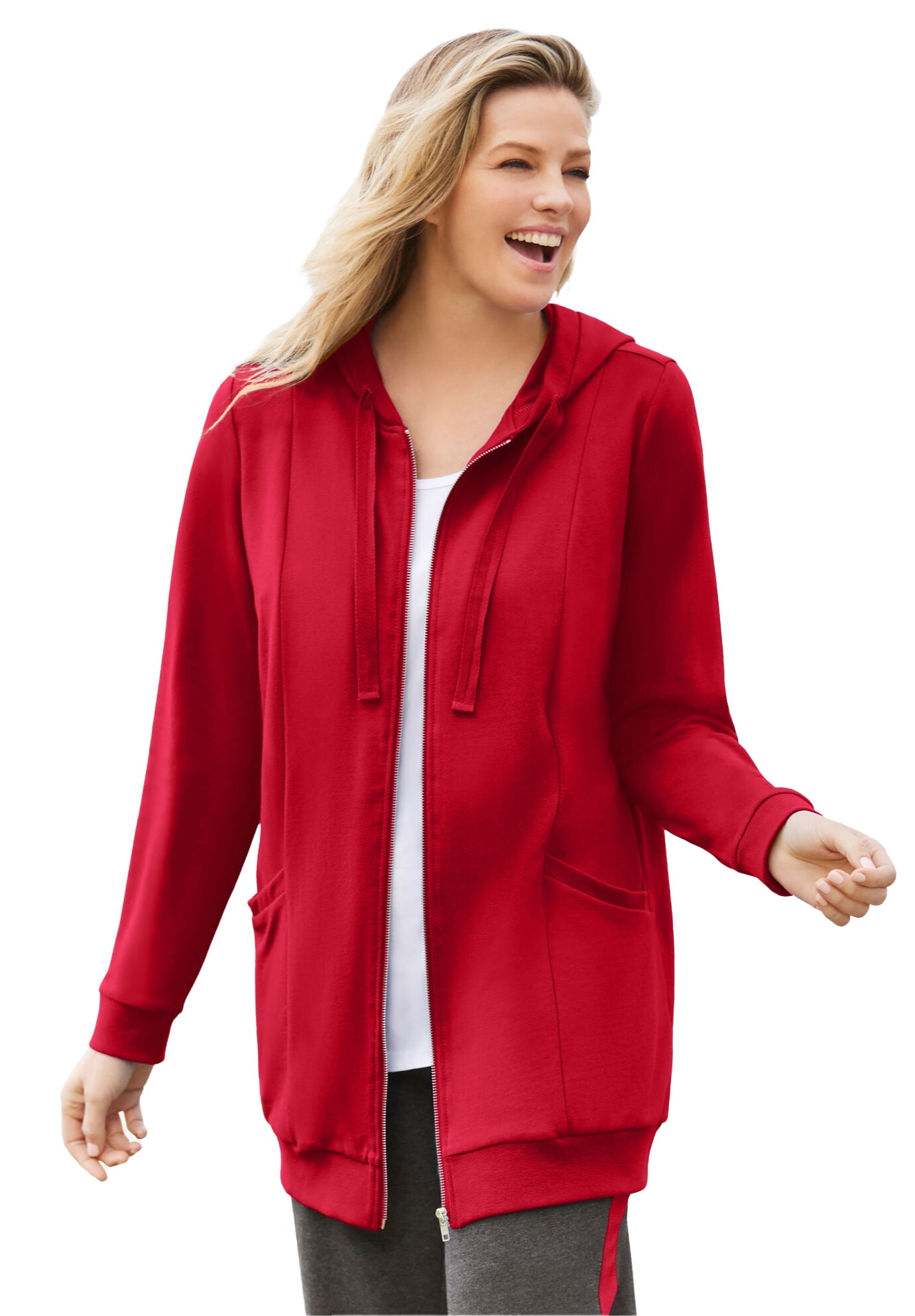 Woman Within Plus Size Zip Front Hoodie Jacket Long Oversized Fleece ...