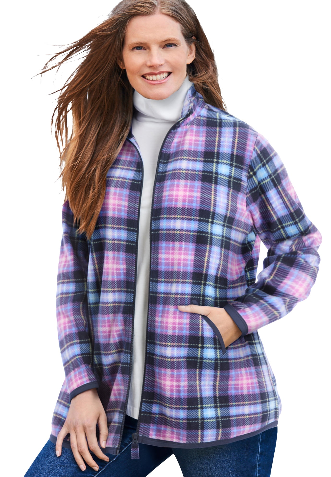 Woman Within Plus Size Zip-Front Microfleece Jacket Long Oversized ...