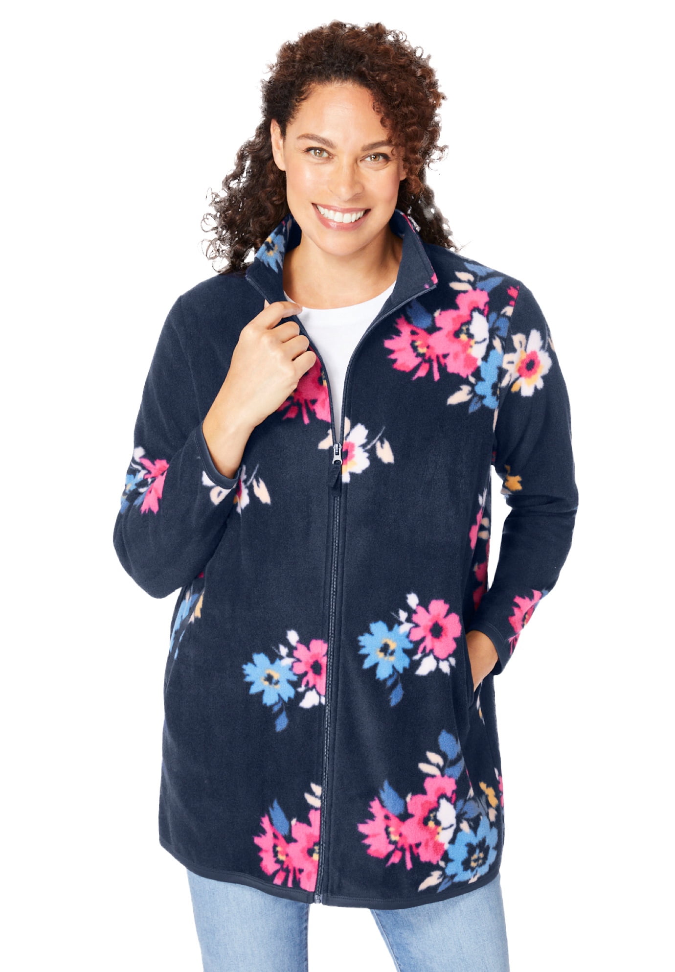 Woman Within Plus Size Zip-Front Microfleece Jacket Long Oversized ...