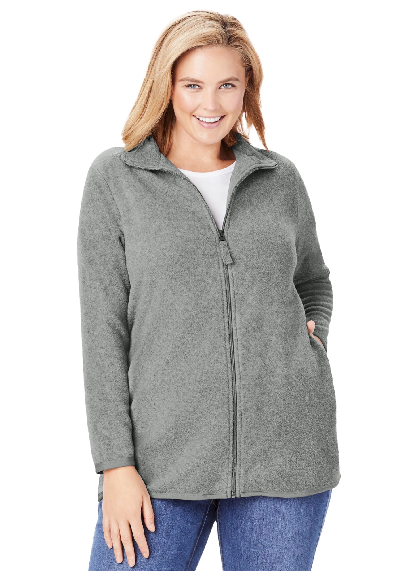 Woman Within Plus Size Zip-Front Microfleece Jacket Long Oversized ...