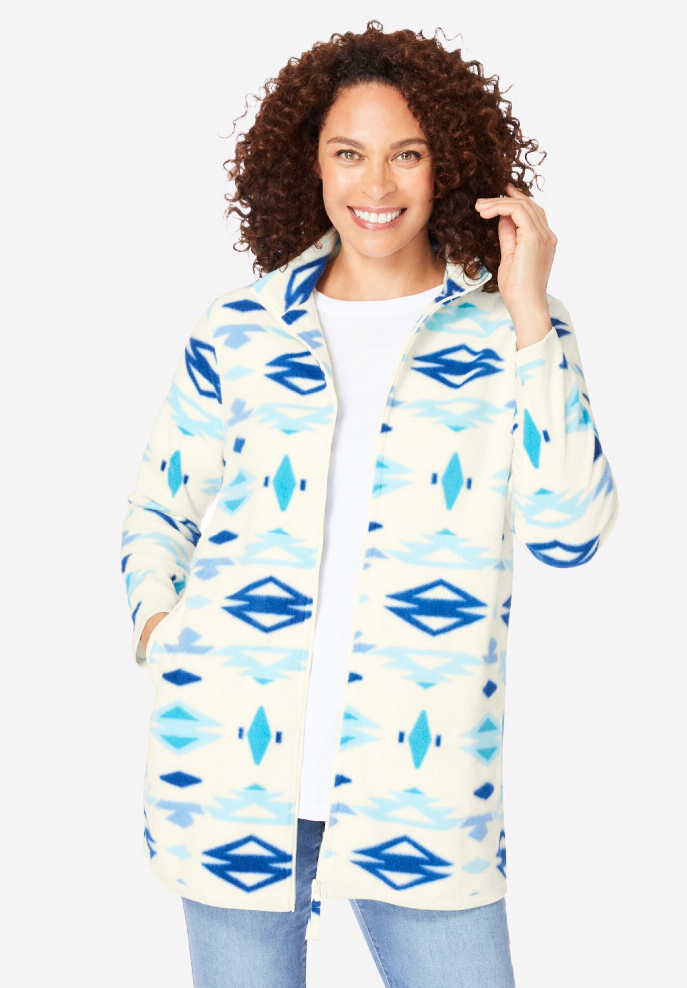 Woman Within Plus Size Zip-Front Microfleece Jacket Long Oversized ...
