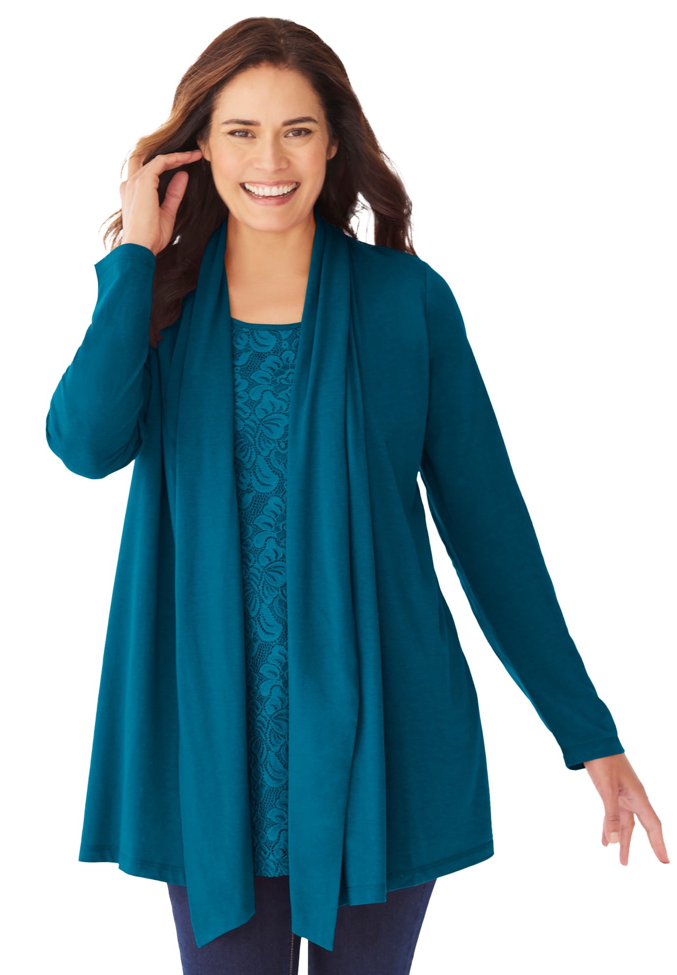 Woman Within Plus Size 2-Fer Cardigan & Attached Lace Tunic - Walmart.com