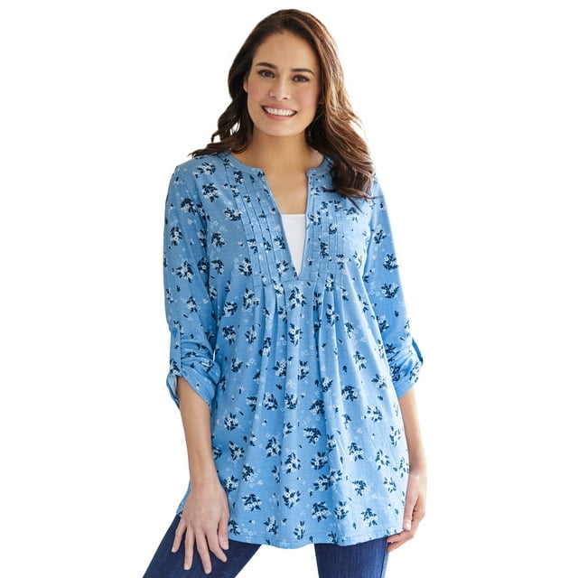 Woman Within Women's Plus Size 7-Day Box-Stitched Split Neck Tunic ...