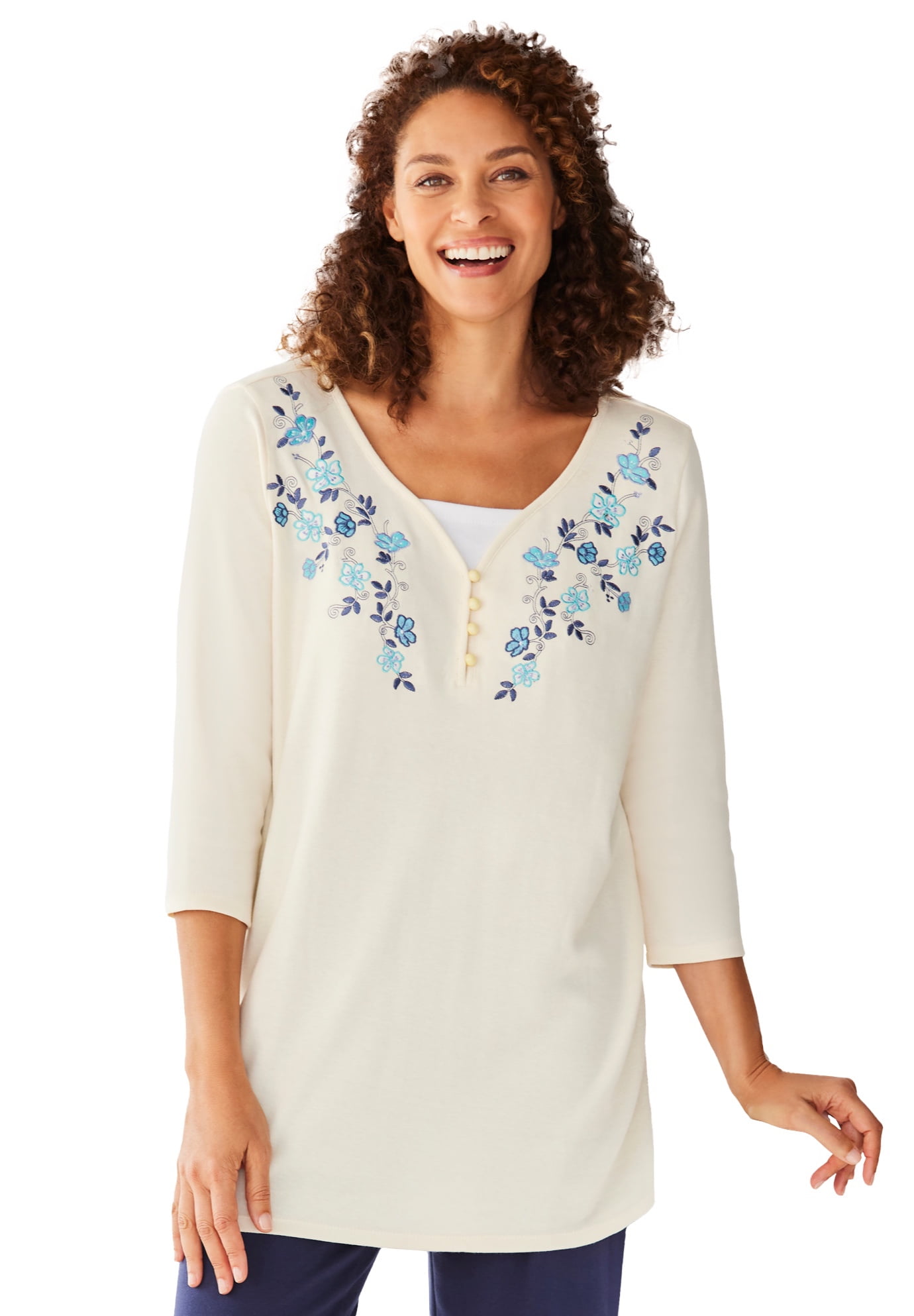 Woman Within Women's Plus Size 7-Day Layered-Look Embroidered Henley ...