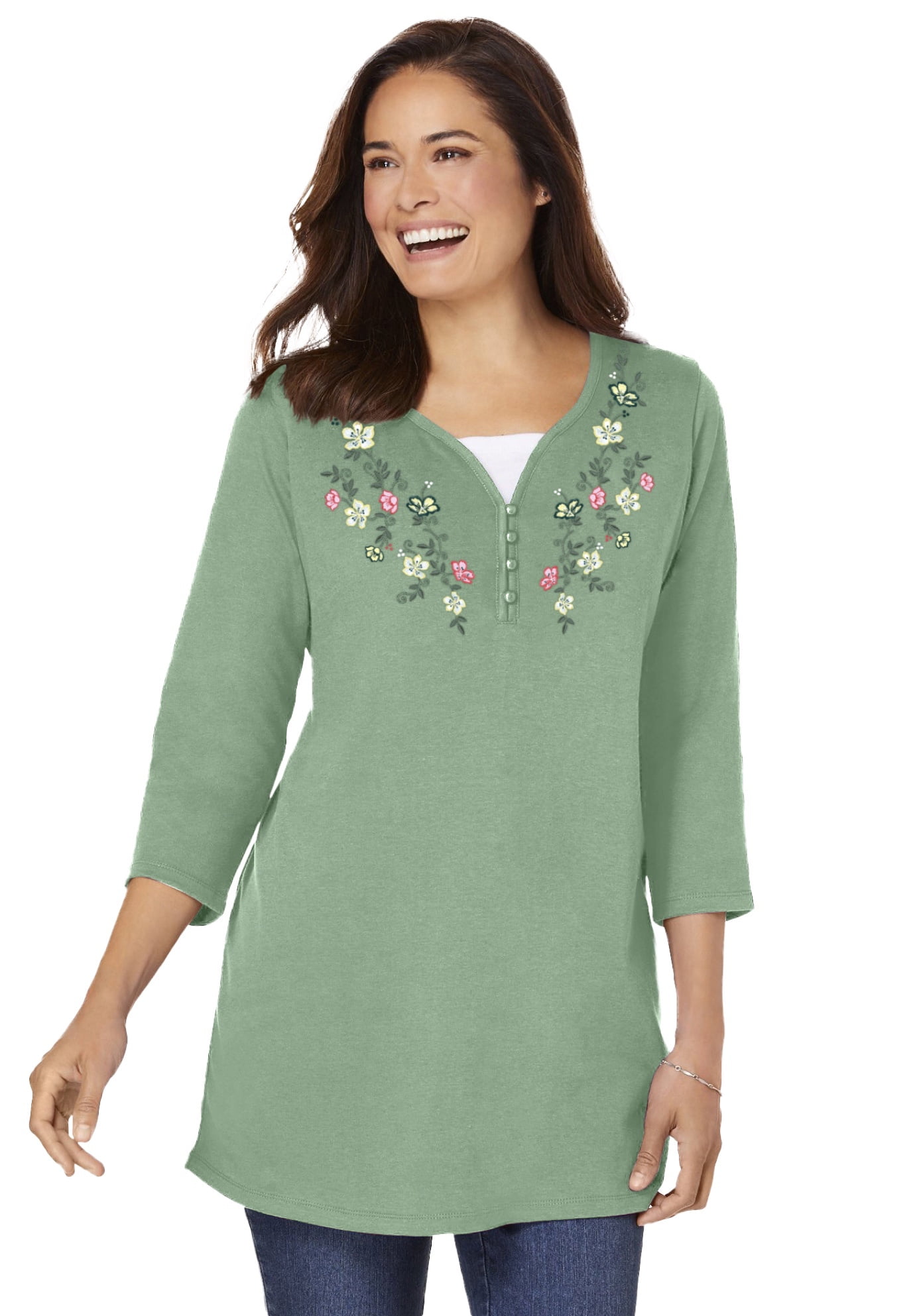 Woman Within Women's Plus Size 7-Day Layered-Look Embroidered Henley ...