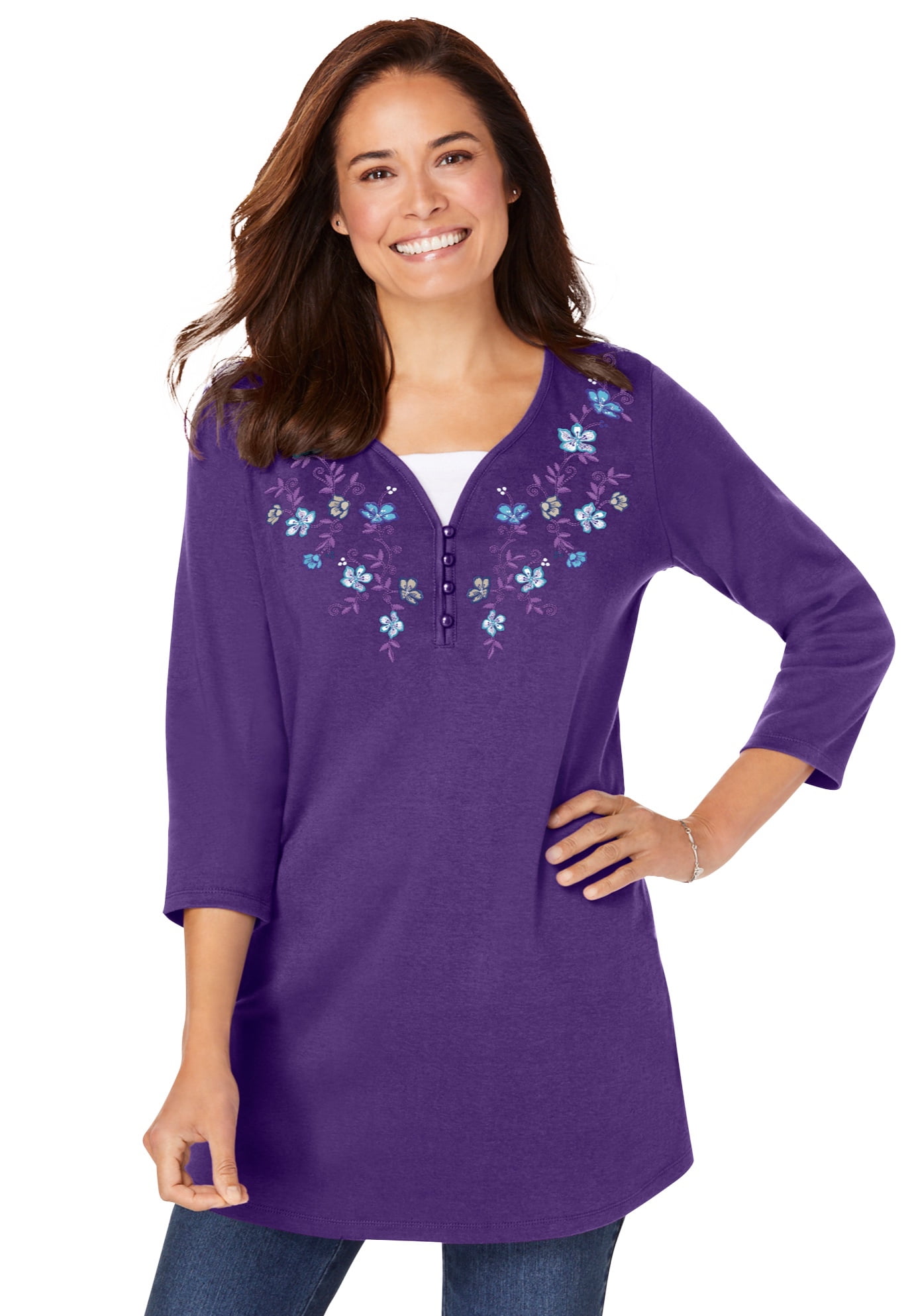 Woman Within Plus Size 7-Day Layered-Look Embroidered Henley Tunic ...