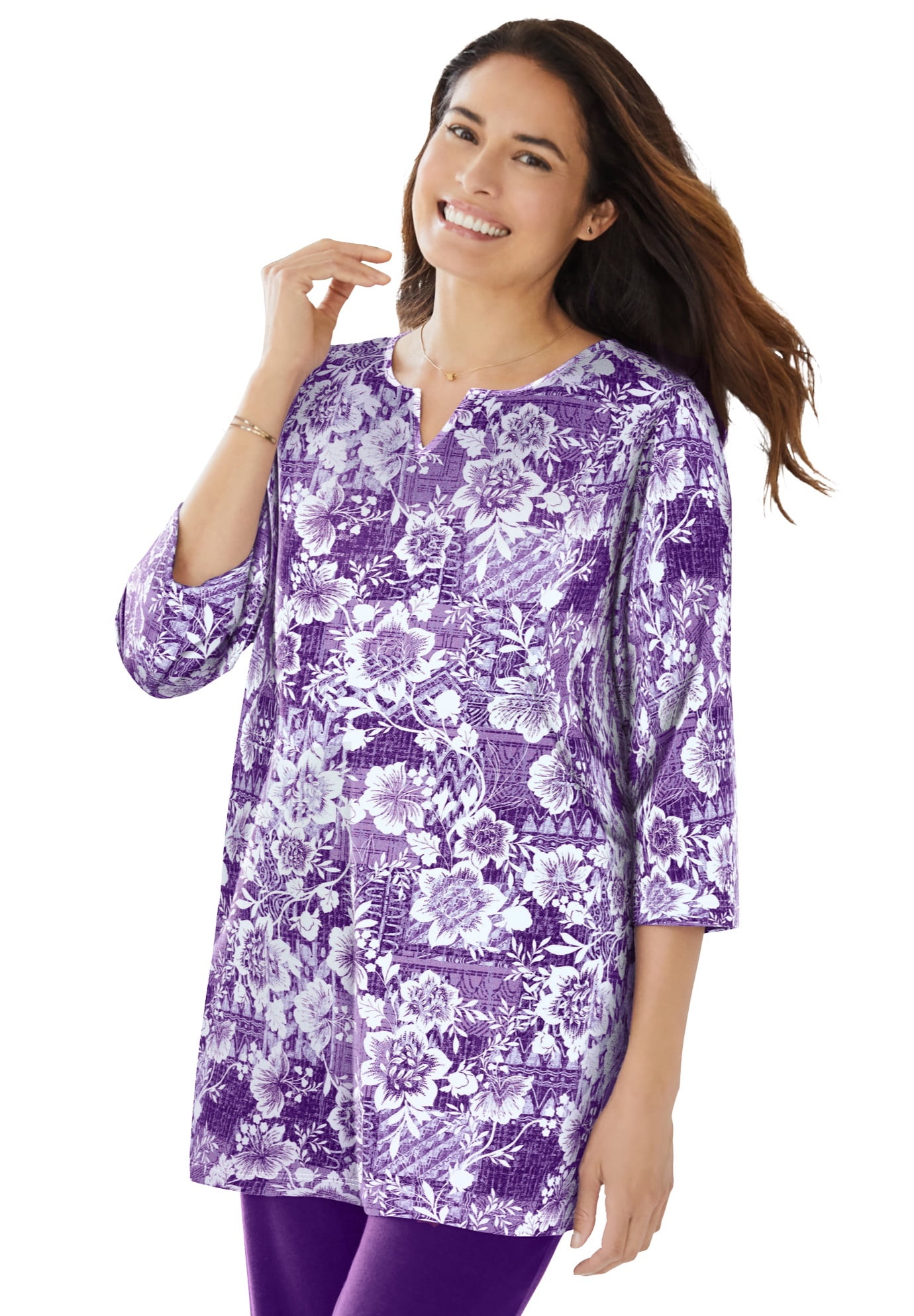 Woman Within Plus Size 7-Day Three-Quarter Sleeve Notch-Neck Tunic ...