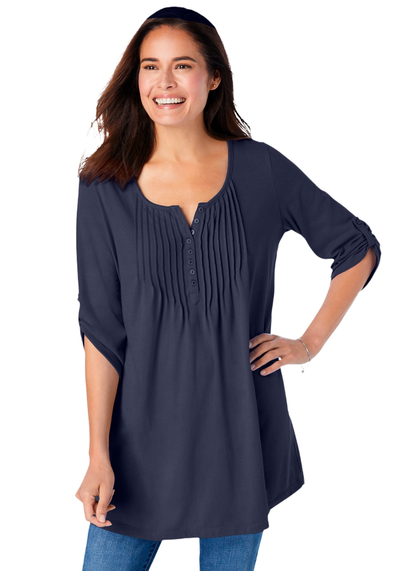 Woman Within Plus Size 7-Day Three-Quarter Sleeve Pintucked Henley ...