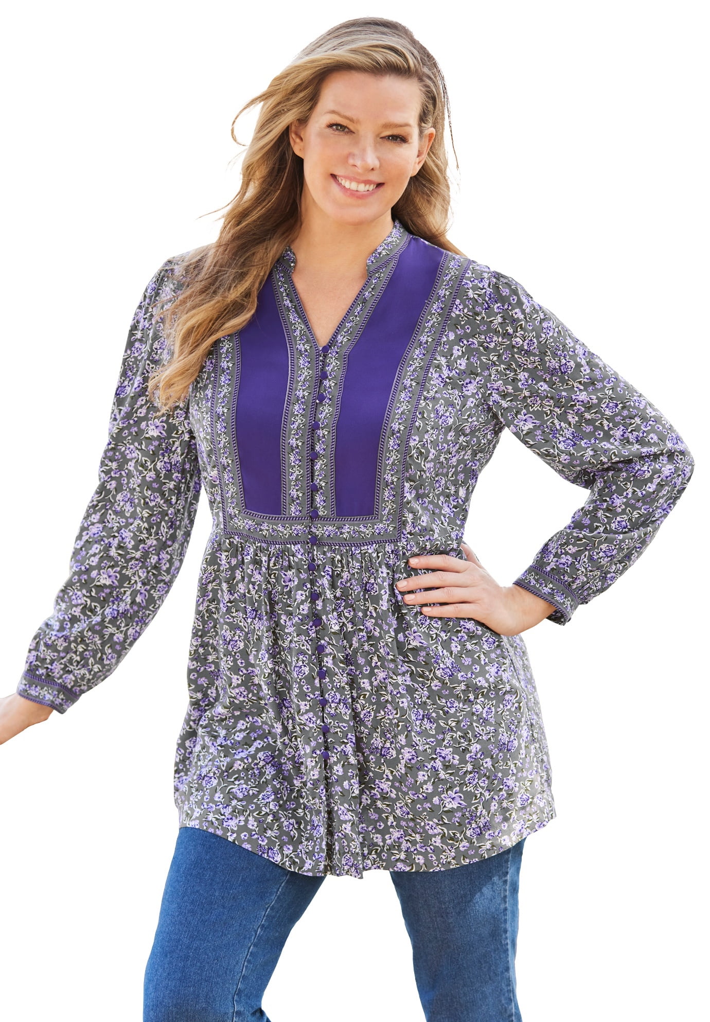 Woman Within Women's Plus Size Button-Front Mixed Print Tunic - Walmart.com