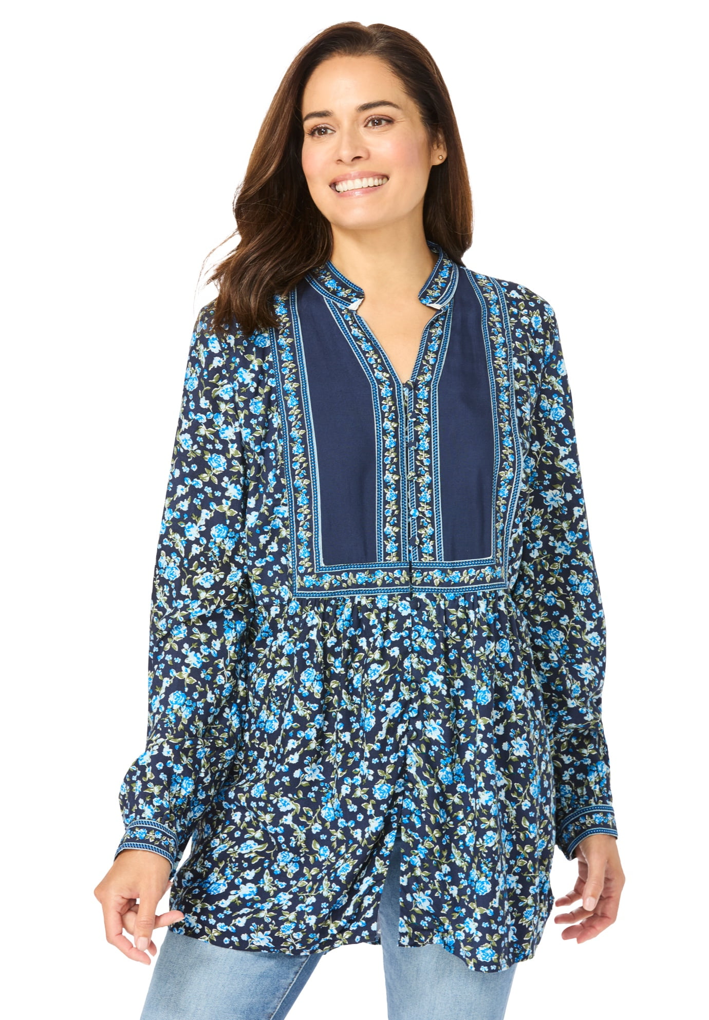 Woman Within Plus Size Button-Front Mixed Print Tunic - Walmart.com