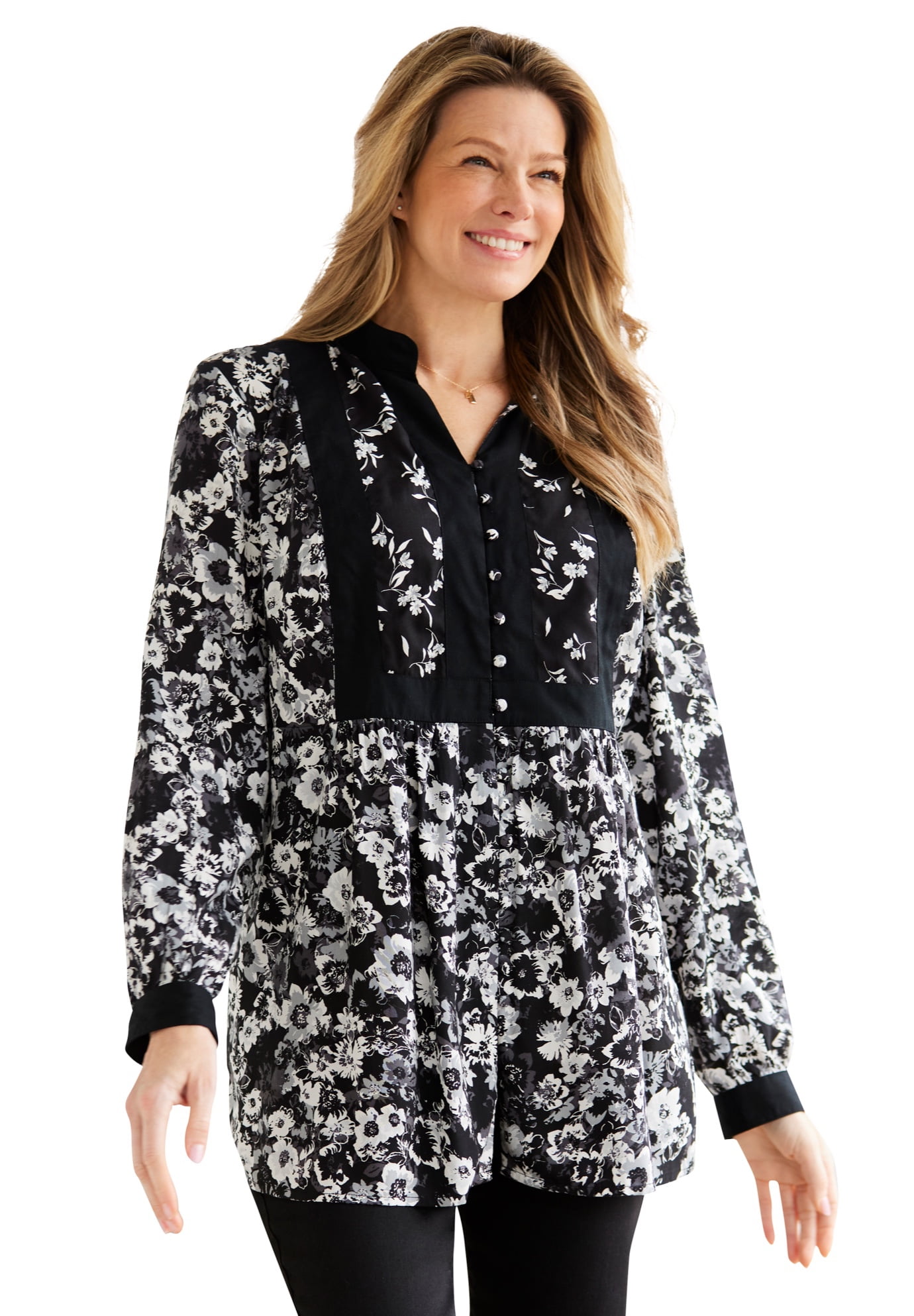 Woman Within Plus Size Button-Front Mixed Print Tunic - Walmart.com