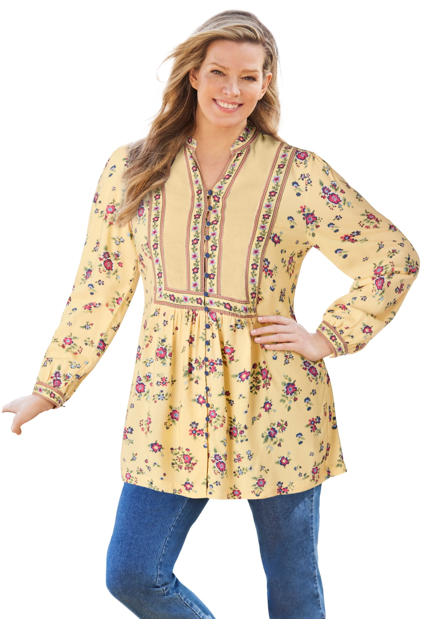 Woman Within Women's Plus Size Button-Front Mixed Print Tunic - Walmart.com