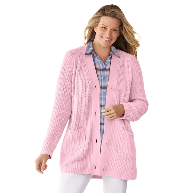 Woman Within Women's Plus Size Button-Front Shaker Cardigan - Walmart.com