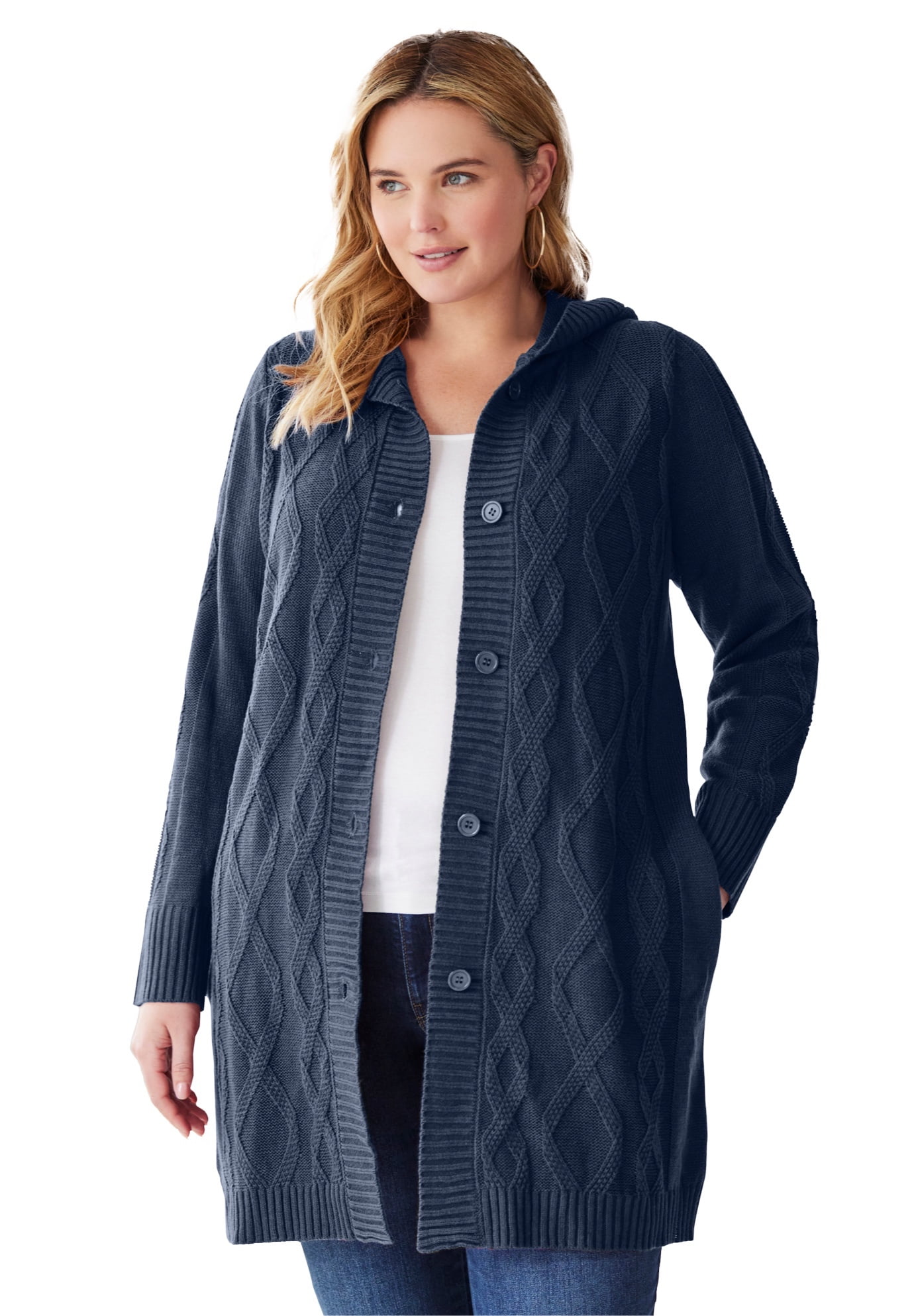 Woman Within Women's Plus Size Cable Cardigan Hoodie - Walmart.com