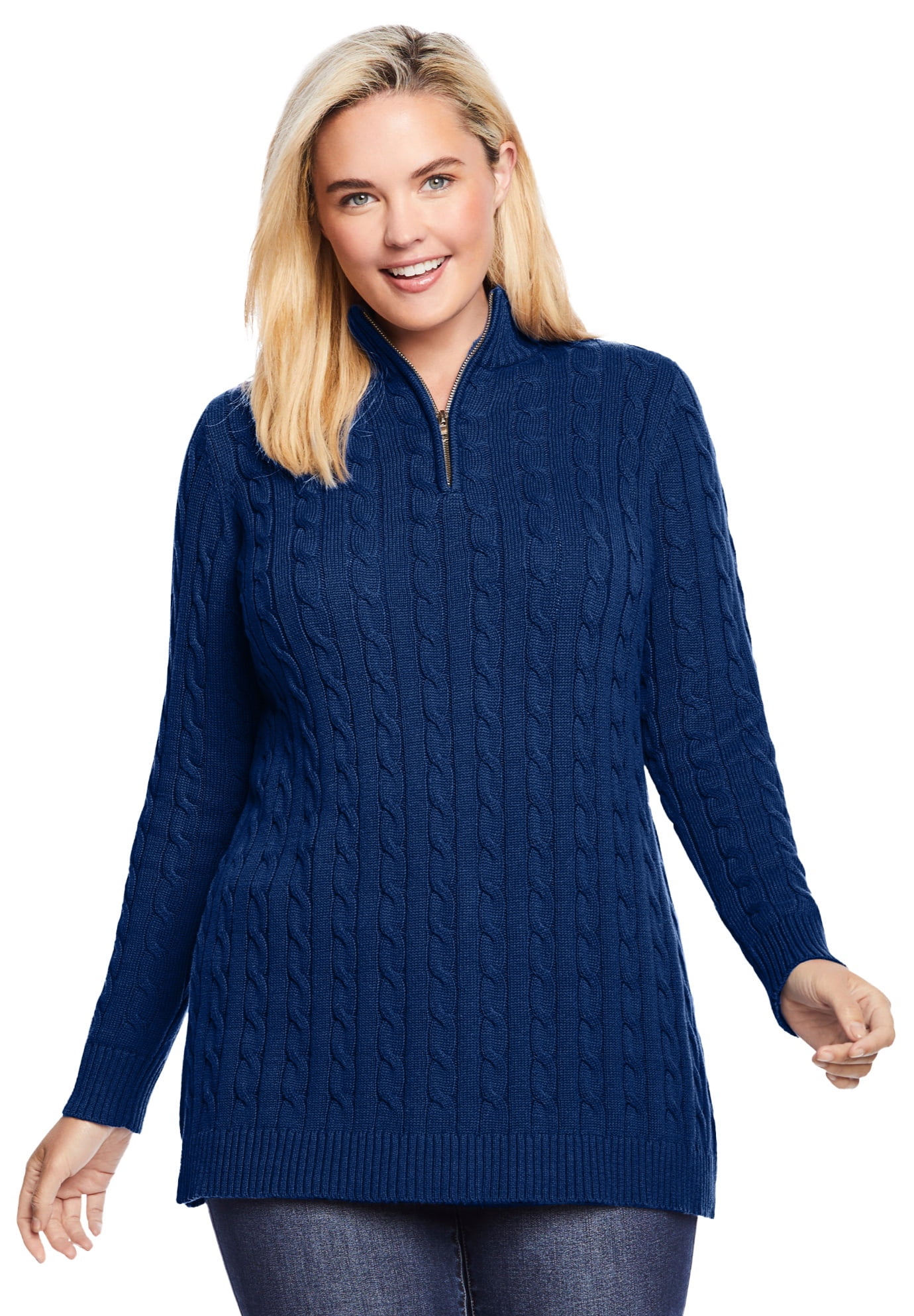 Woman Within Plus Size Cable Knit Half-Zip Pullover Sweater - Walmart.com