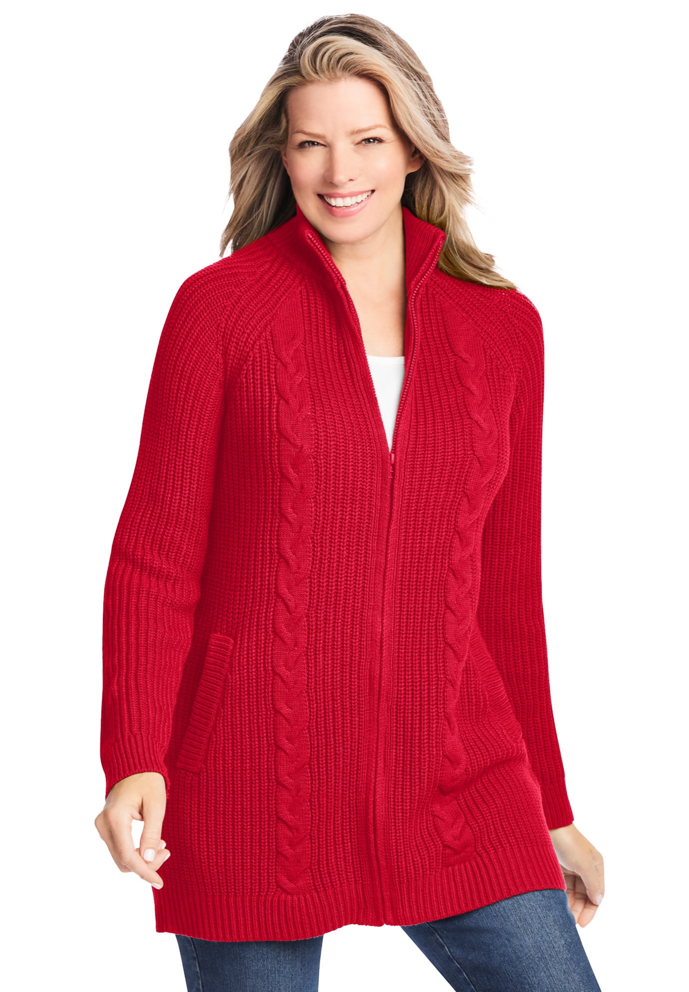 Woman Within Plus Size Cabled Zip-Front Cardigan - Walmart.com