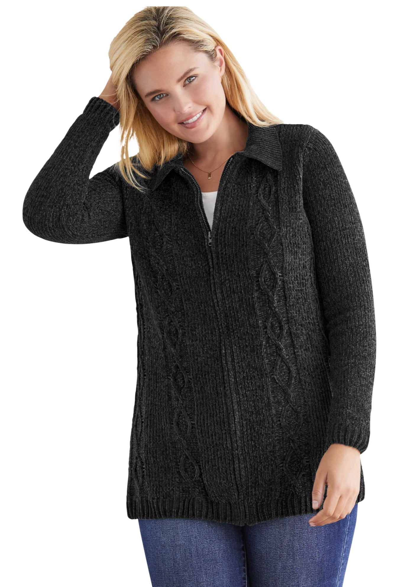 Woman Within Plus Size Chenille Zip Cable Cardigan with Ribbed Trim ...