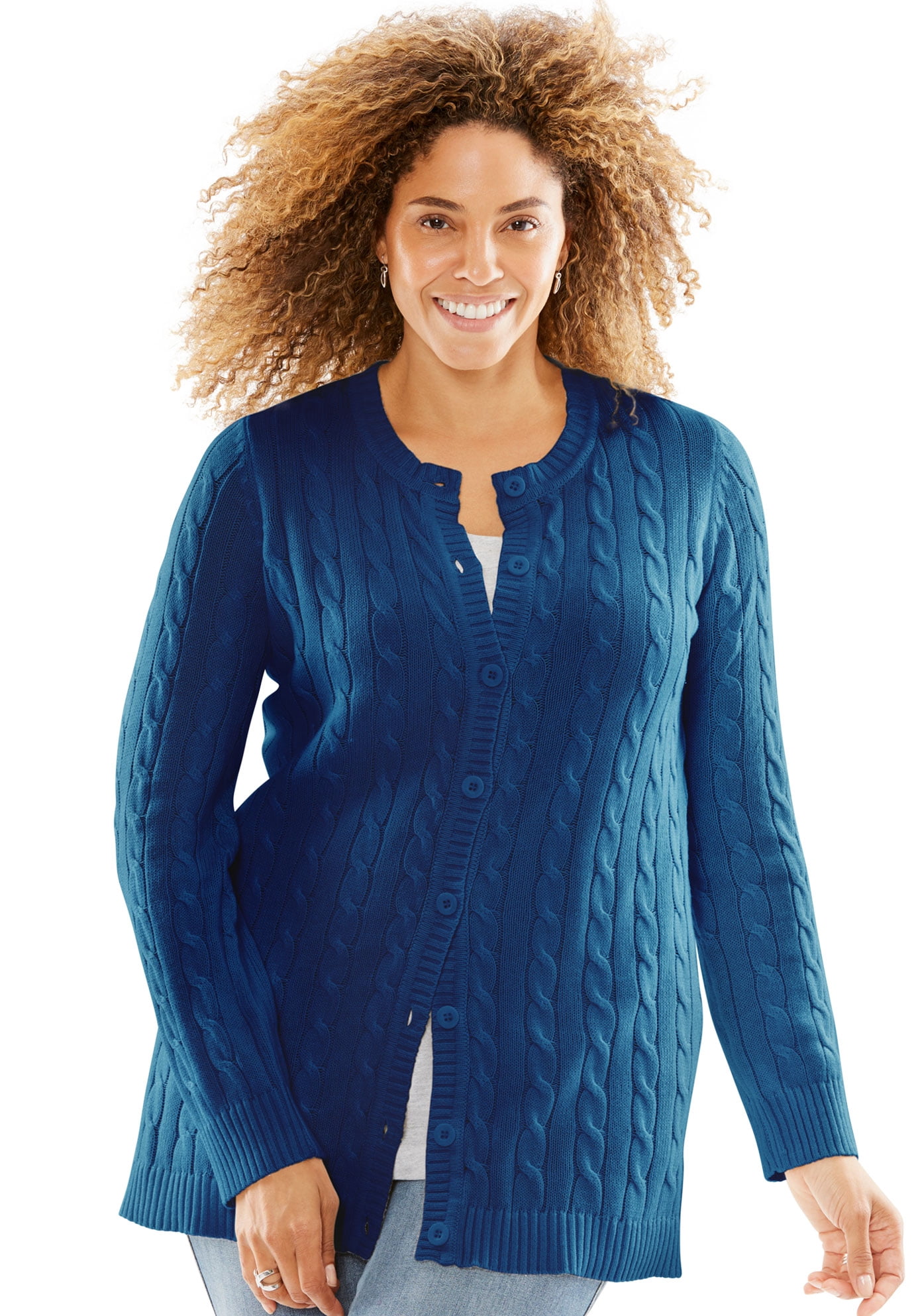 Woman Within Plus Size Cotton Cable Knit Cardigan Sweater, Crewneck, 30 ...