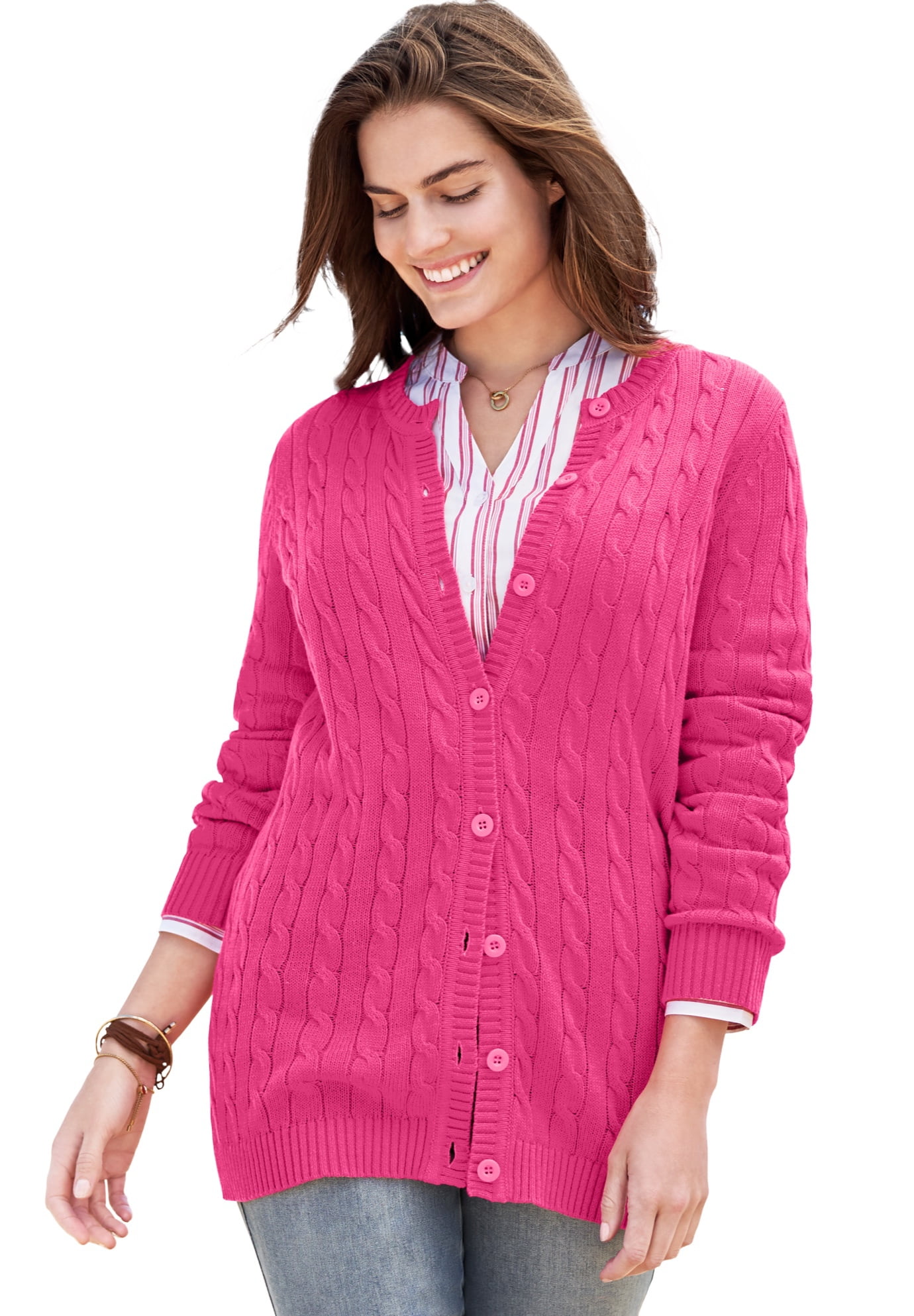 Woman Within Plus Size Cotton Cable Knit Cardigan Sweater - Walmart.com