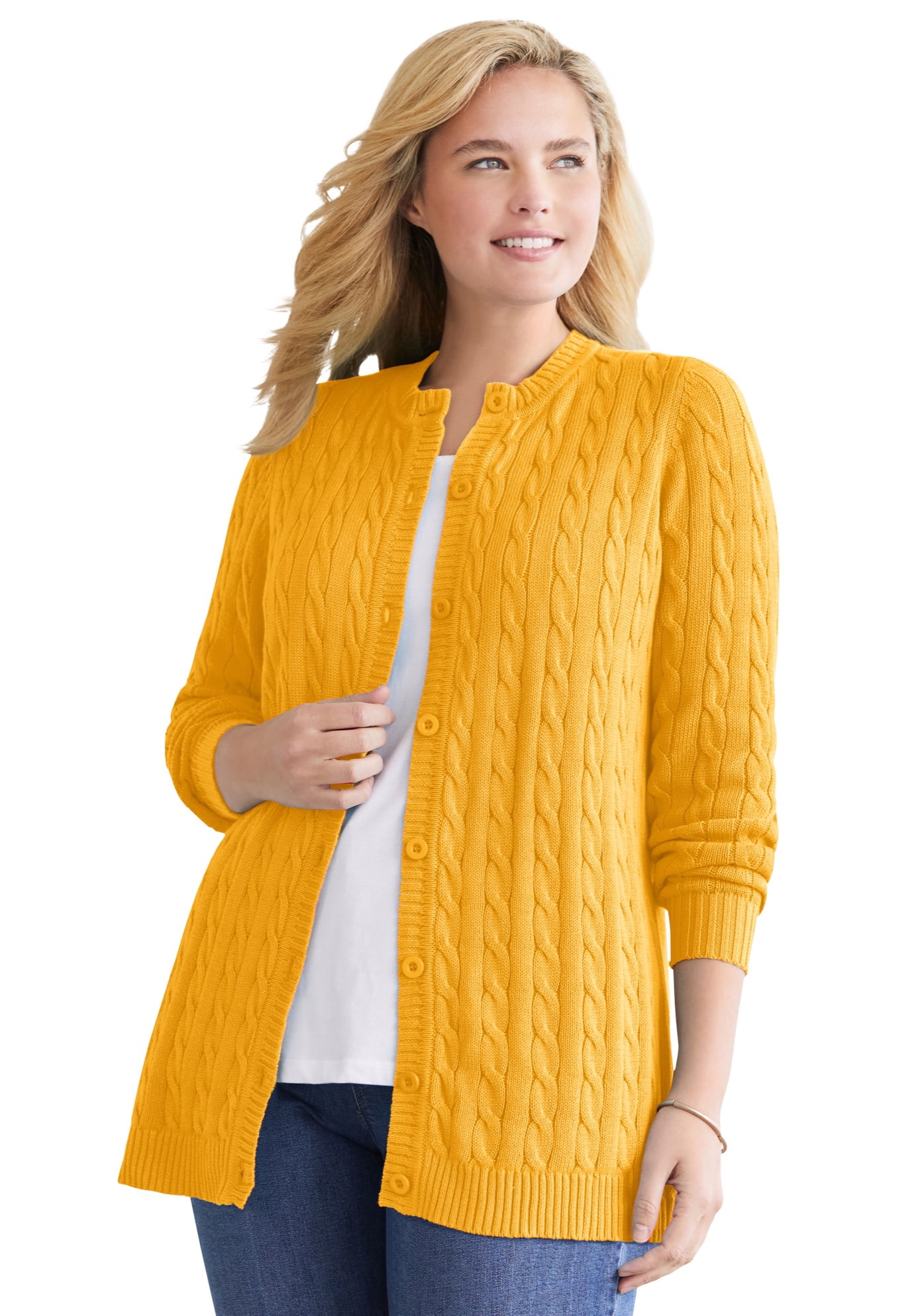 Woman Within Women's Plus Size Cotton Cable Knit Cardigan Sweater ...