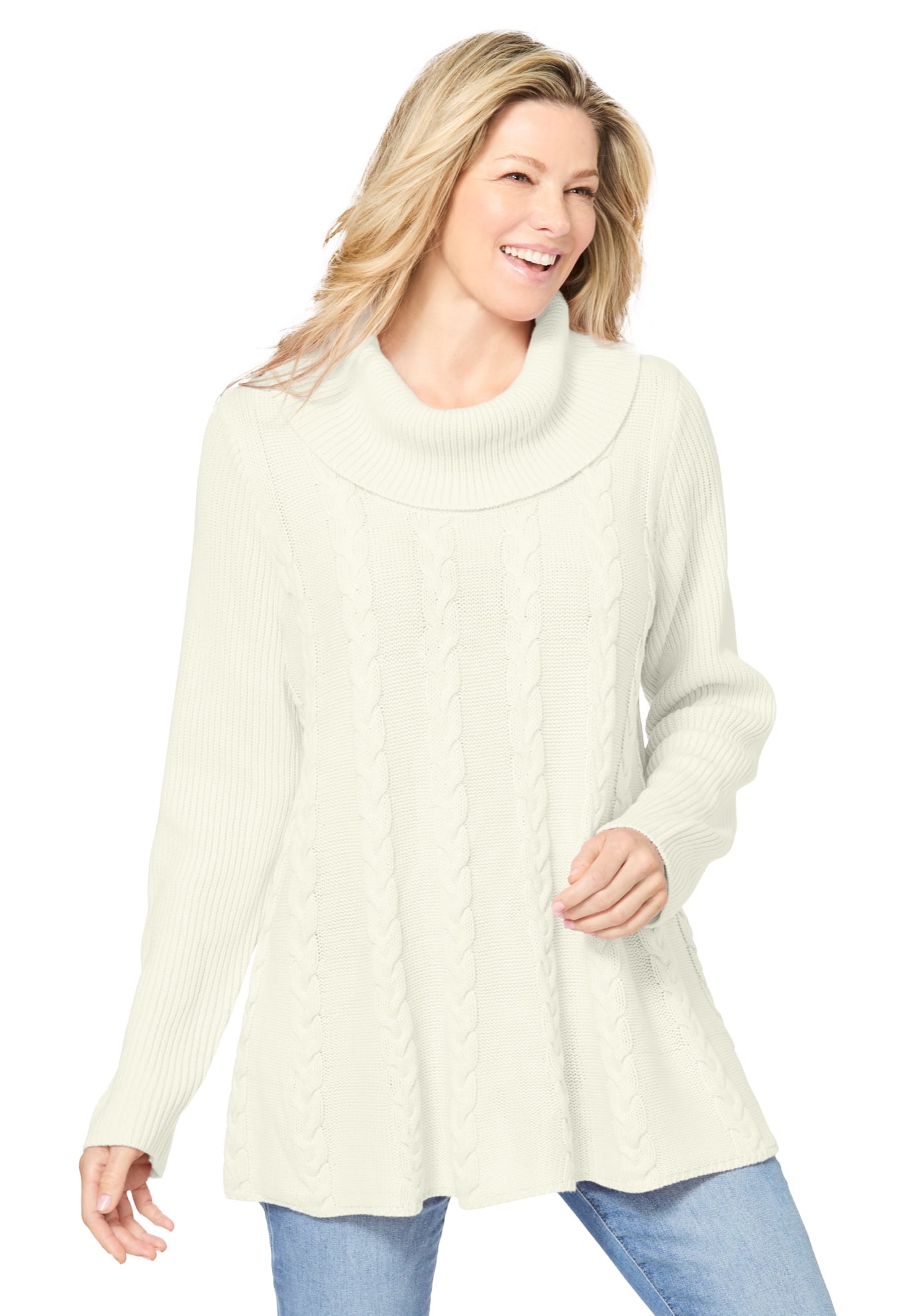 Woman Within Plus Size Cowl Neck Cable Knit Swing Sweater - Walmart.com