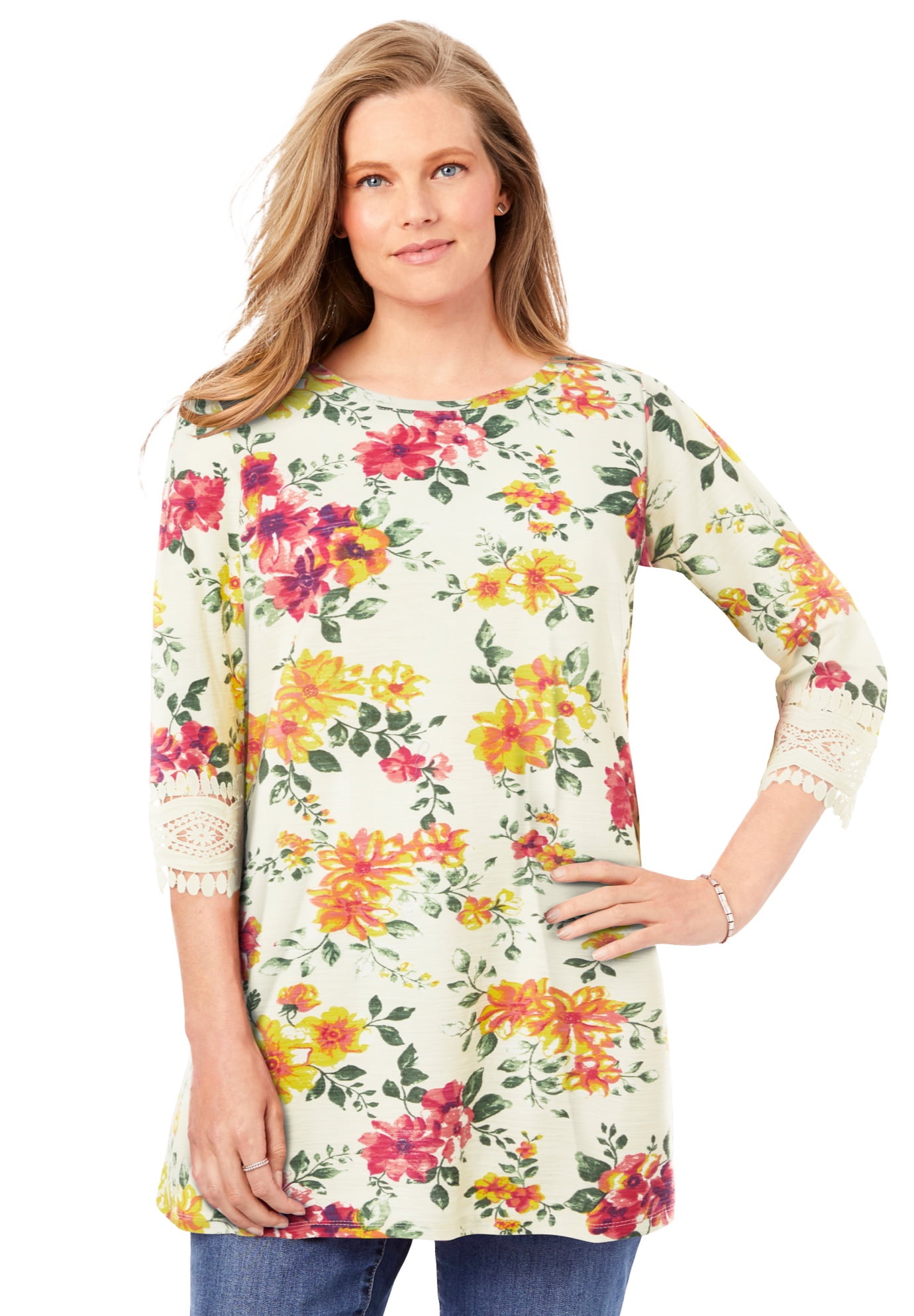 Woman Within Women's Plus Size Crochet-Trim Three-Quarter Sleeve Tunic ...