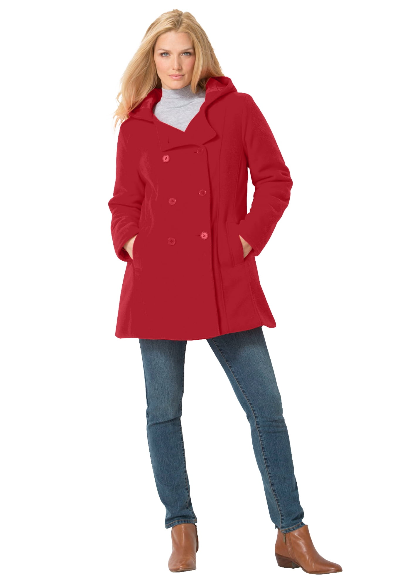Woman Within Plus Size Double-Breasted Hooded Fleece Peacoat - Walmart.com