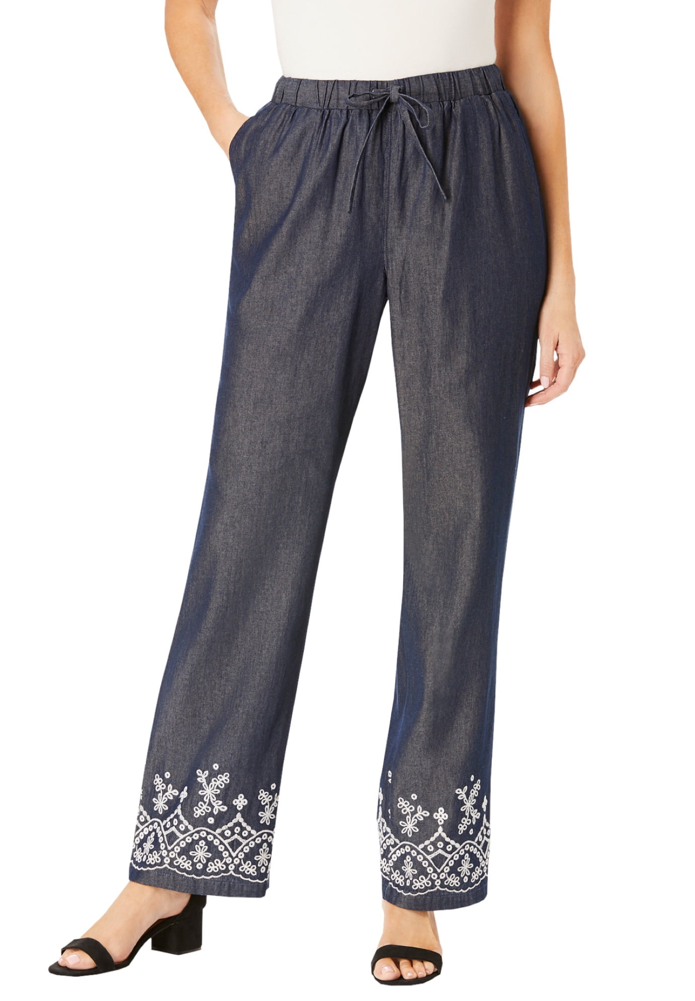 Woman Within Womens Plus Size Drawstring Denim Wide Leg Pant