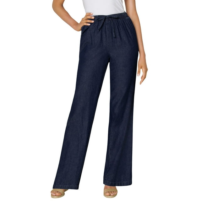 Woman Within Womens Plus Size Drawstring Denim Wide Leg Pant Pants