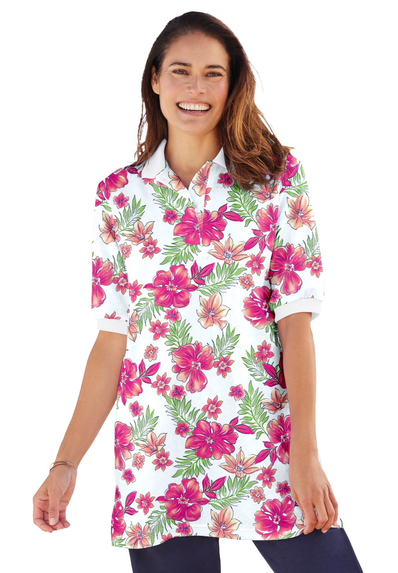 Woman Within Plus Size Elbow-Sleeve Polo Tunic - Walmart.com