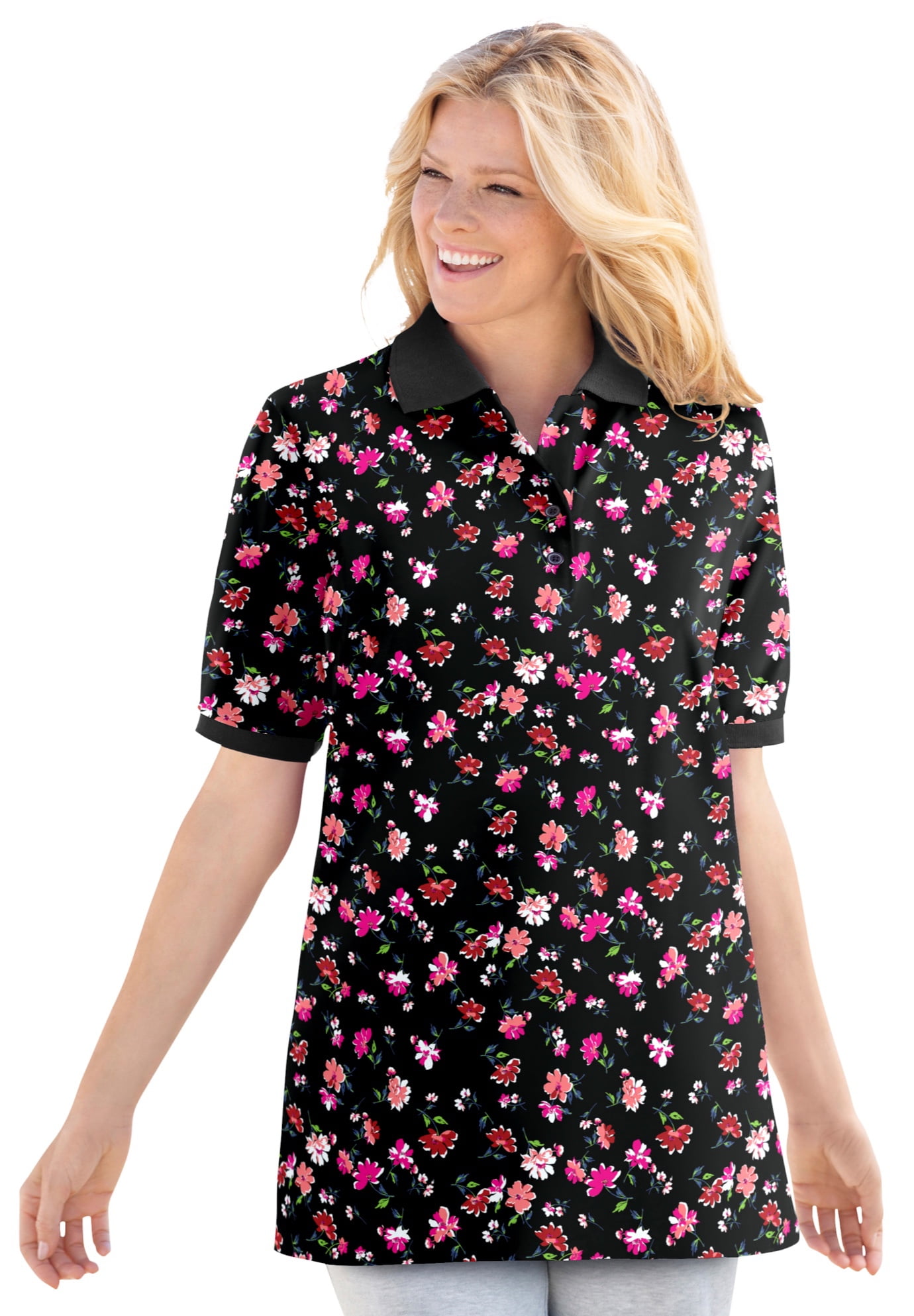 Woman Within Plus Size Elbow-Sleeve Polo Tunic - Walmart.com