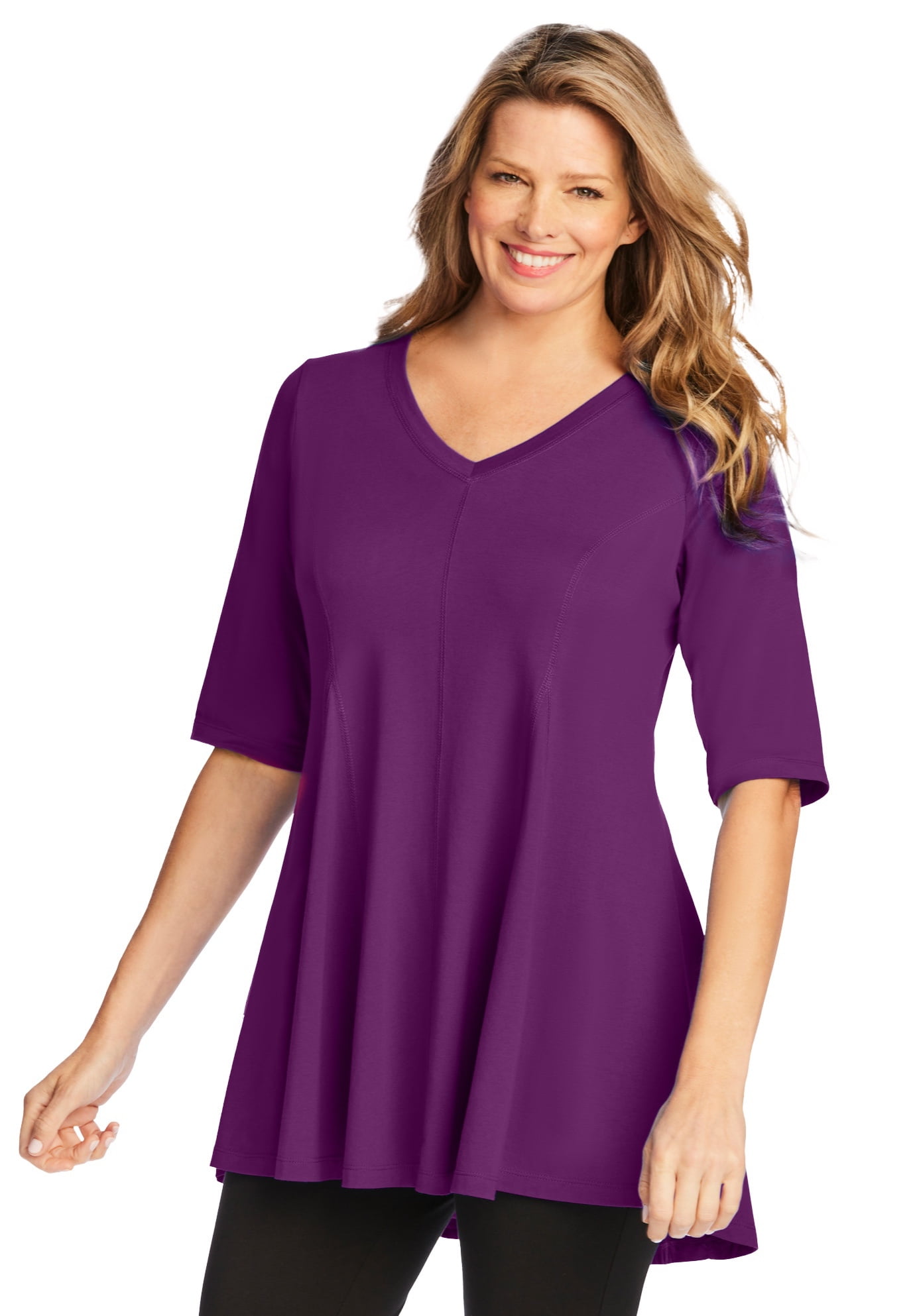 Woman Within Plus Size Elbow Sleeve V-Neck Fit And Flare Tunic ...
